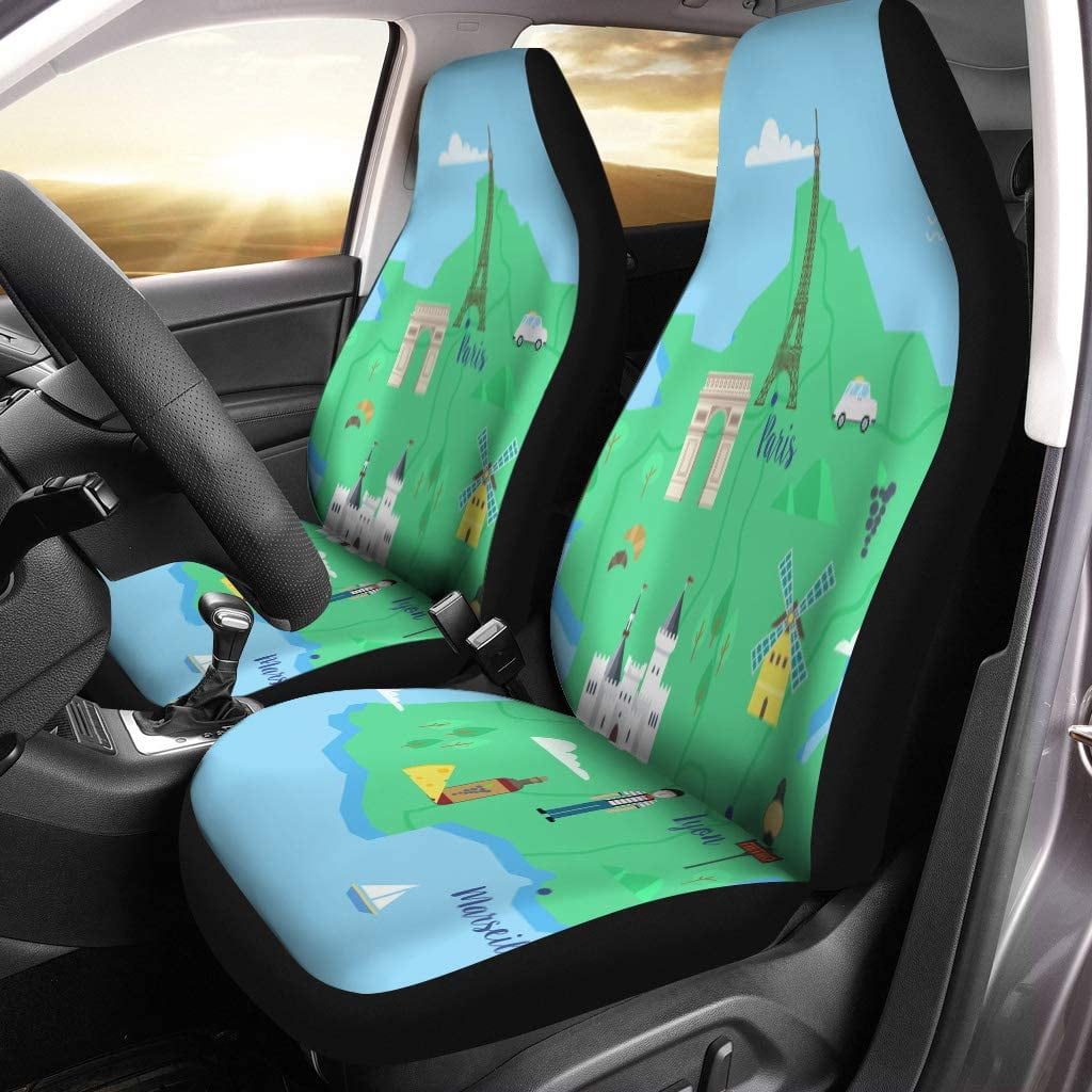 ZHANZZK Set of 2 Car Seat Covers France Colorful Travel Maps Popular Landmarks The Eiffel Tower ...