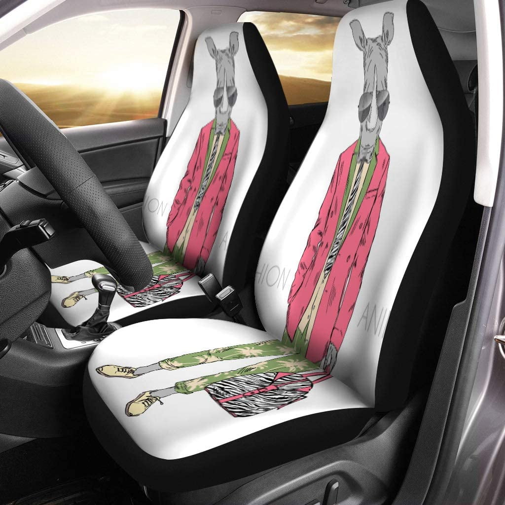 ZHANZZK Set of 2 Car Seat Covers Rhino Dressed Up in Summer Suit Furry Hipster Universal Auto ...