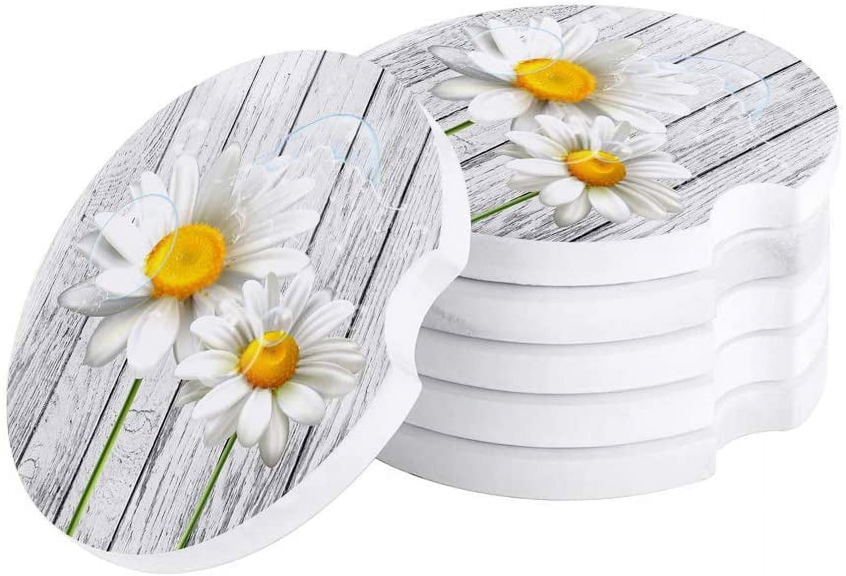 ZHANZZK Summer Daisy Water Drops on Wood Grain Set of 2 Car Coaster for ...