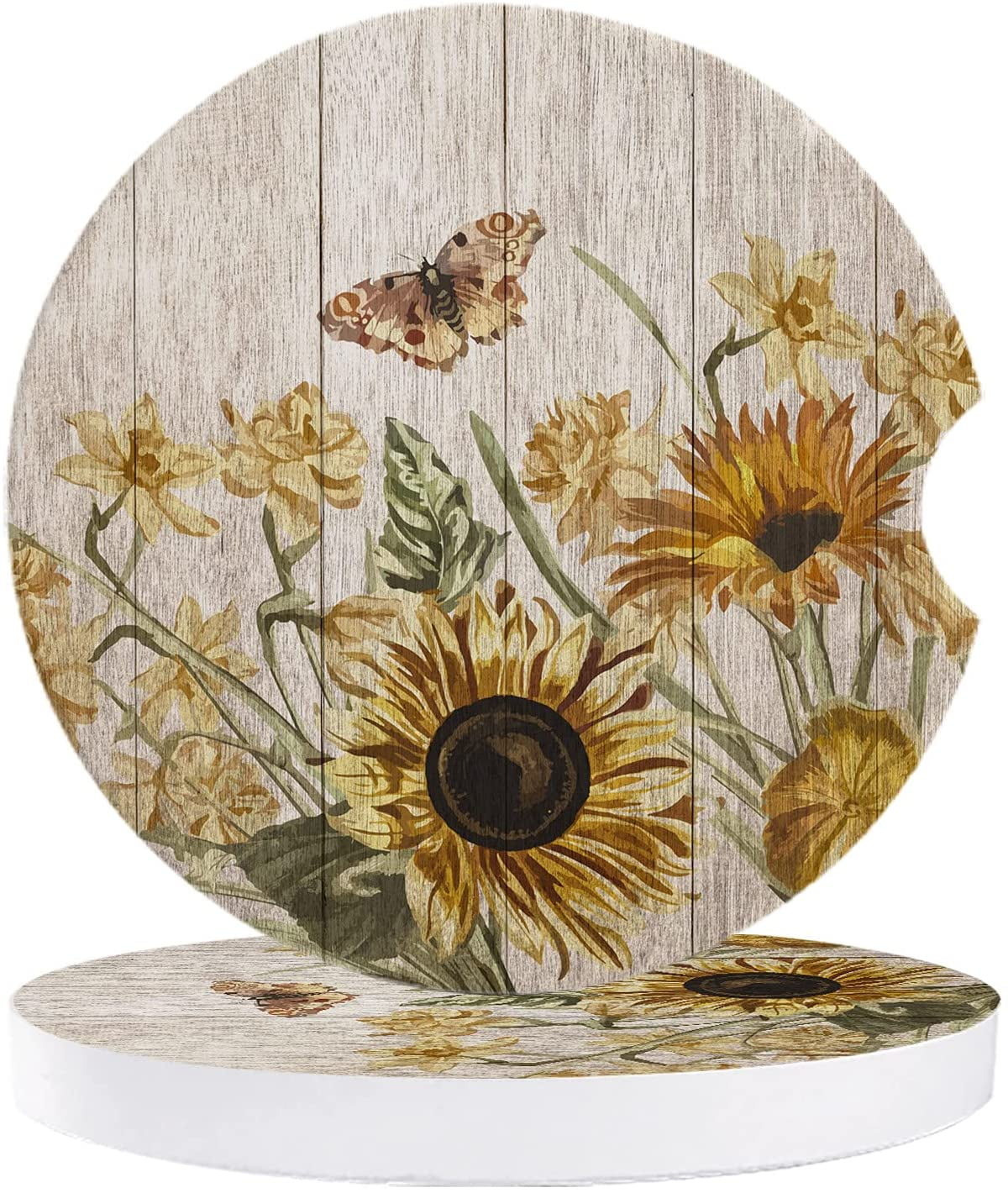 ZHANZZK Sunflower and Butterfly Rustic Wooden Set of 6 Car Coaster for ...