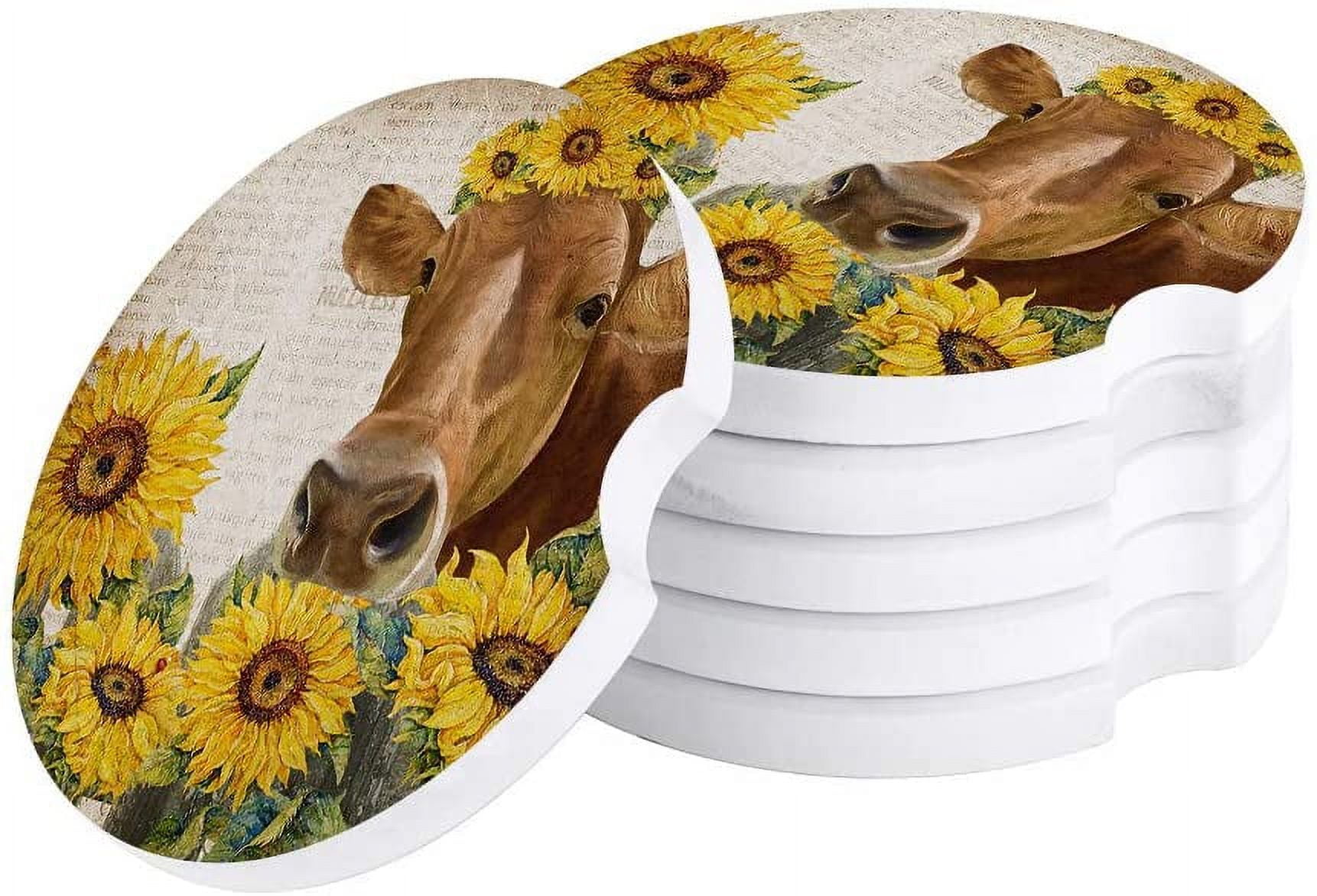 ZHANZZK Sunflower and Farm Cow Retro Newspaper Set of 4 Car Coaster for ...