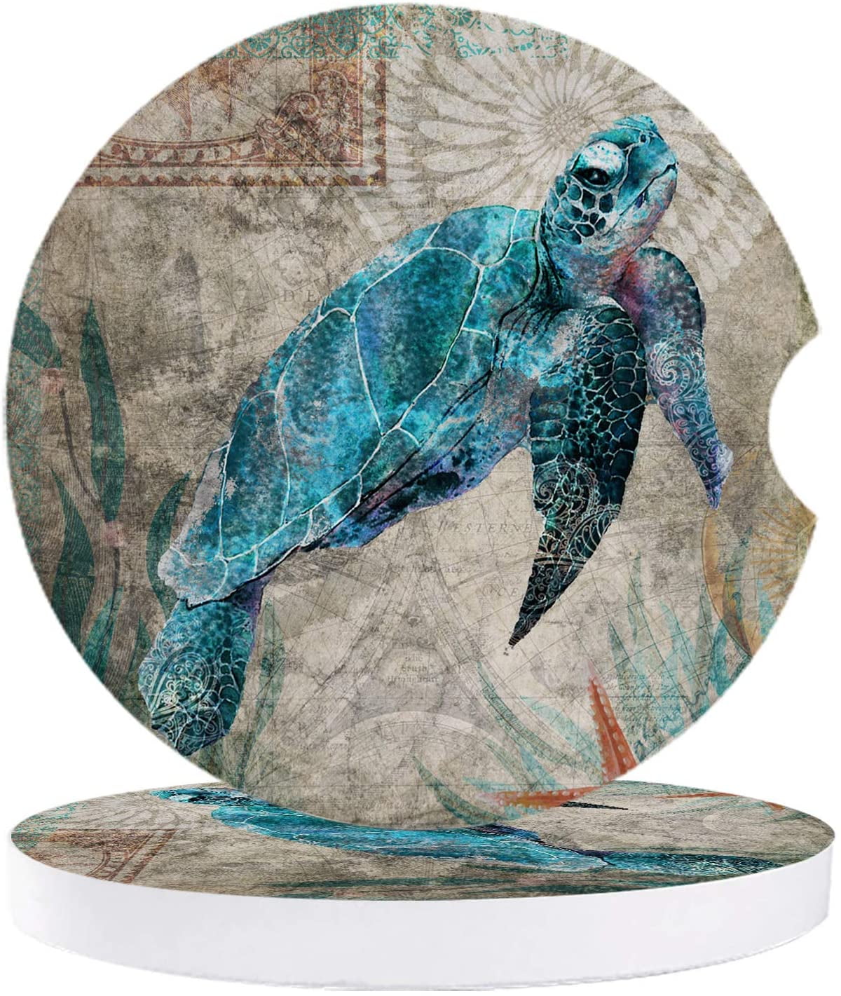 ZHANZZK Vintage Nautical Theme Ocean Sea Turtle Set of 6 Car Coaster for Drinks, Absorbent ...