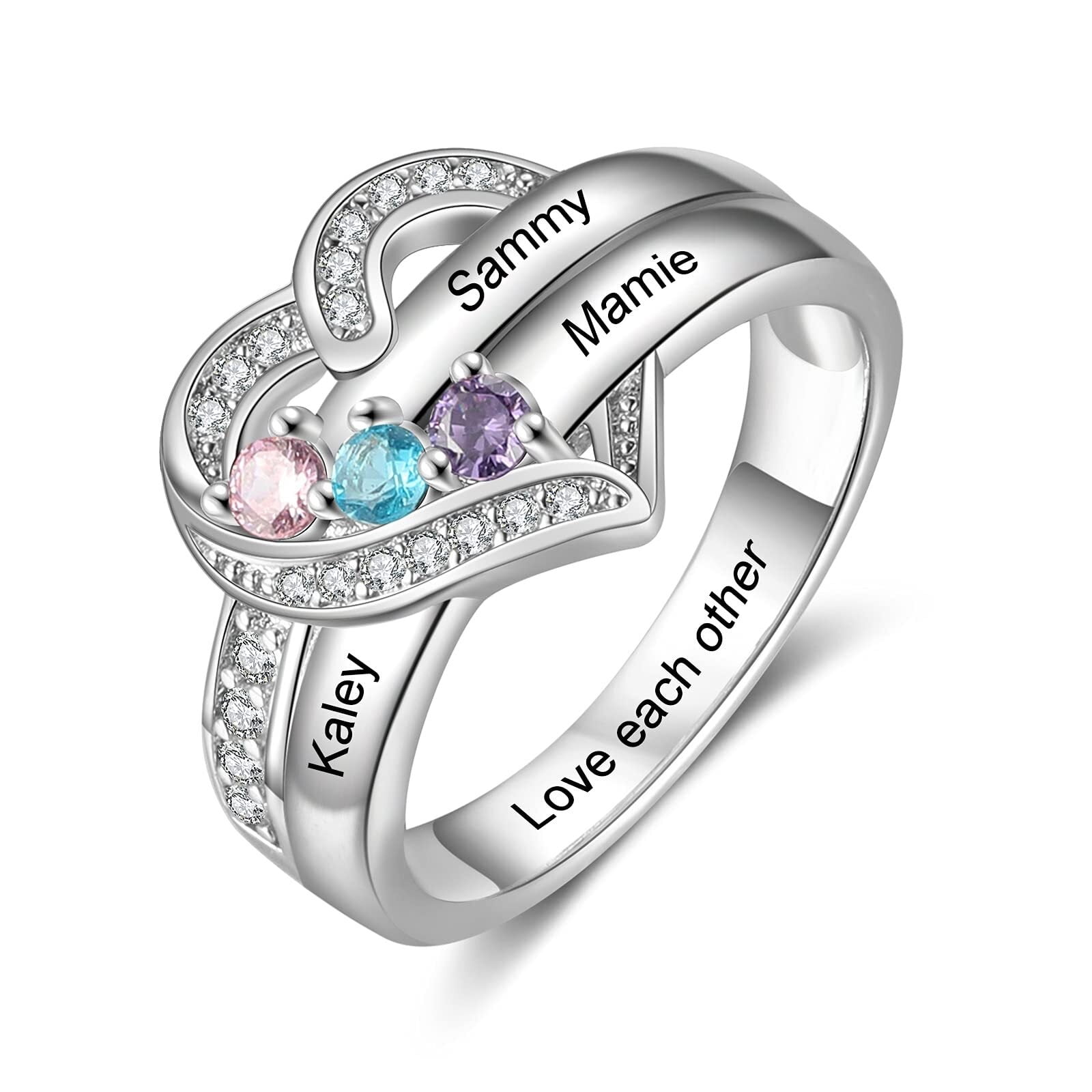 ZHAO Mom Gifts Sterling Silver Personalized 3 Birthstones Heart Rings ...