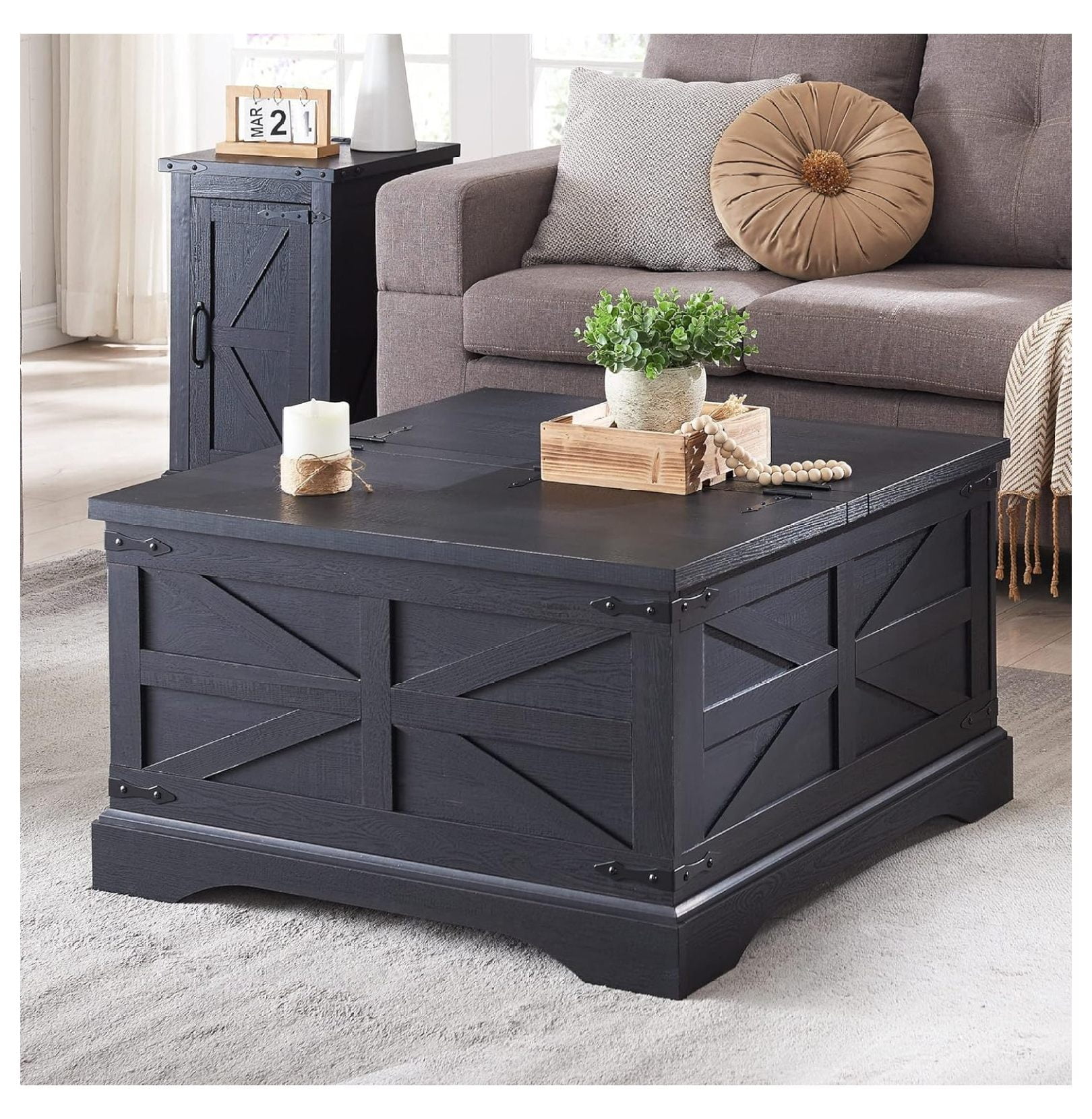 ZHAOTONG Farmhouse Coffee Table, Square Wood Center Table with Large ...