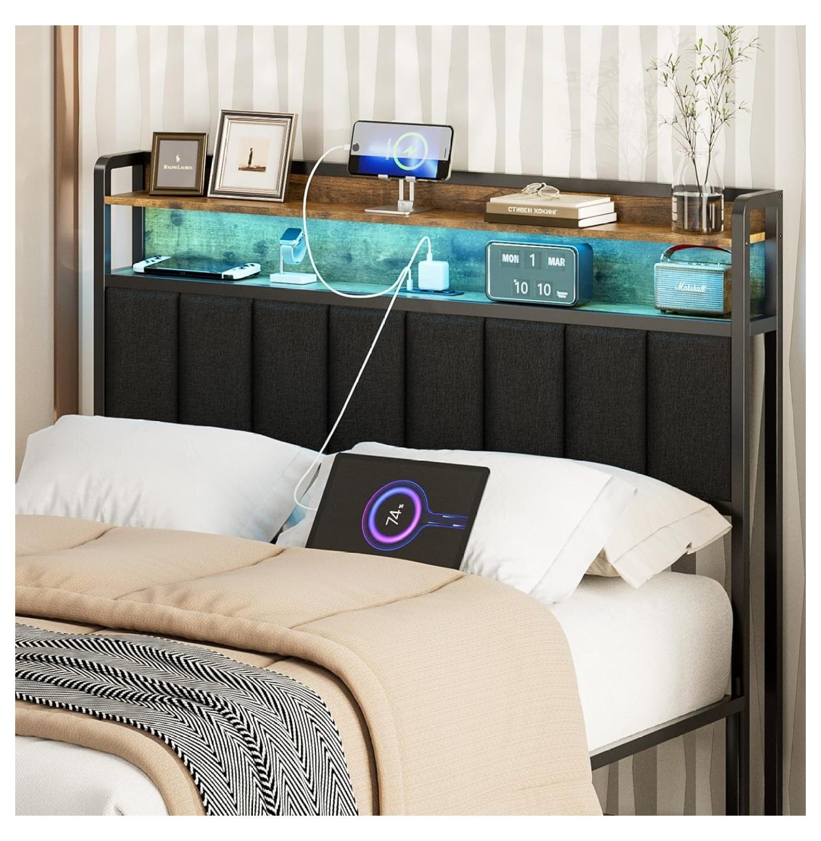 ZHAOTONG Upholstered Full Size Storage Headboard with LED Lights and ...