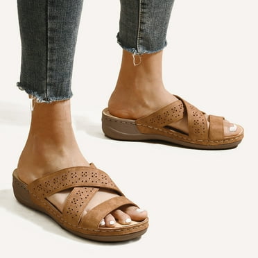 FAMITION Womens Wedge Sandals Open Toe Platform Sandals Comfort Hollow ...