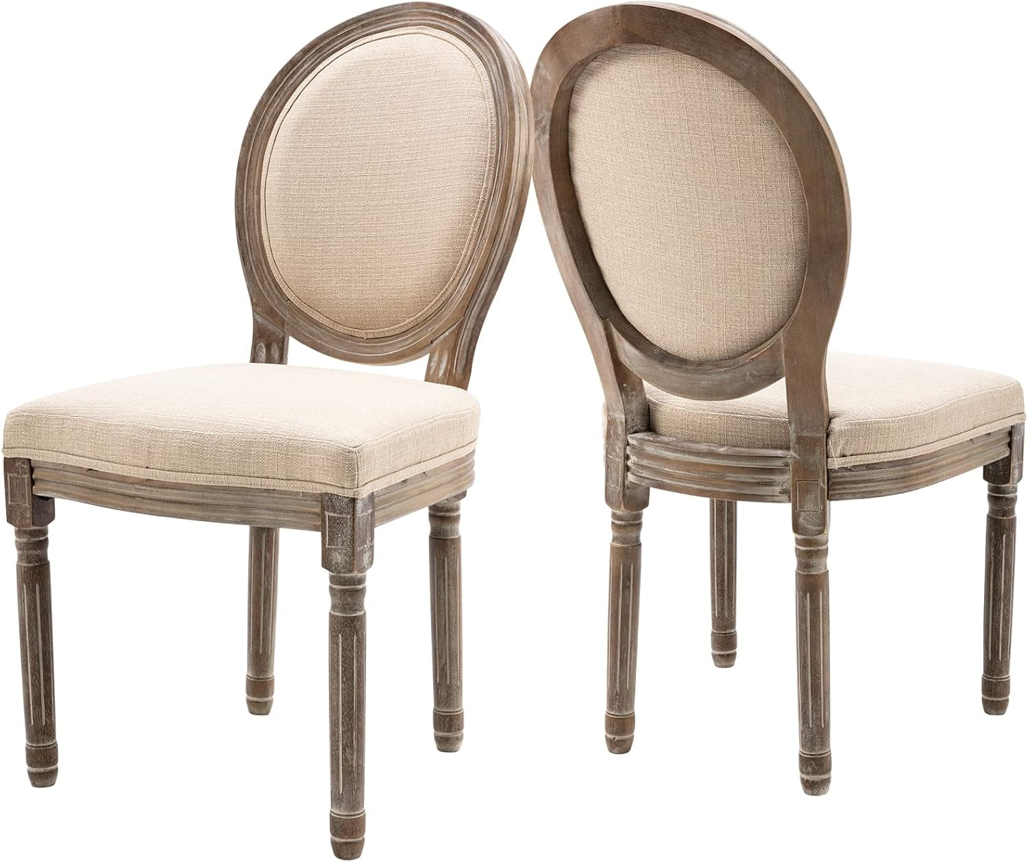 ZHENGHAO French Retro Fabric Dining Chairs Set of 2,Distressed Wood Chairs with Round Back ...