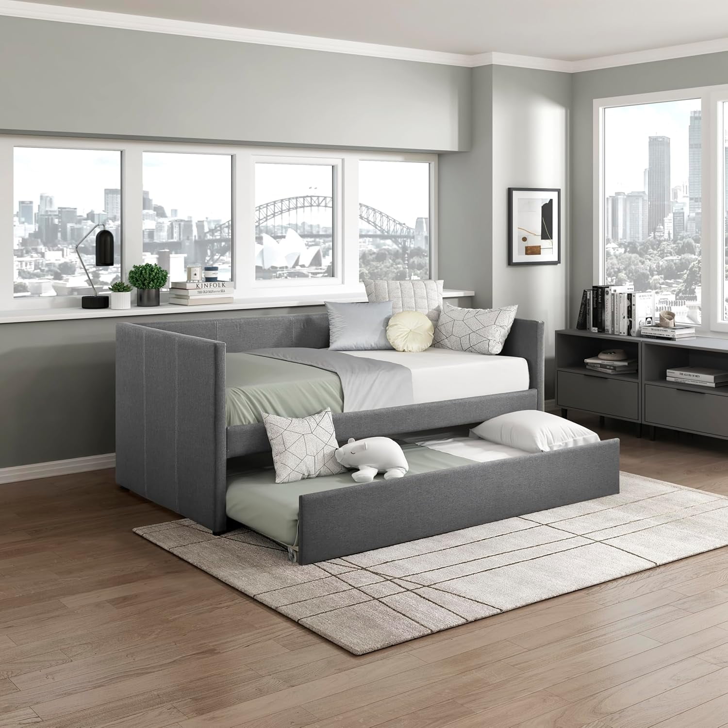 ZHENGXIAO Upholstered Daybed with Trundle, Textured Fabric Twin Day Bed Frame with Backrest and ...