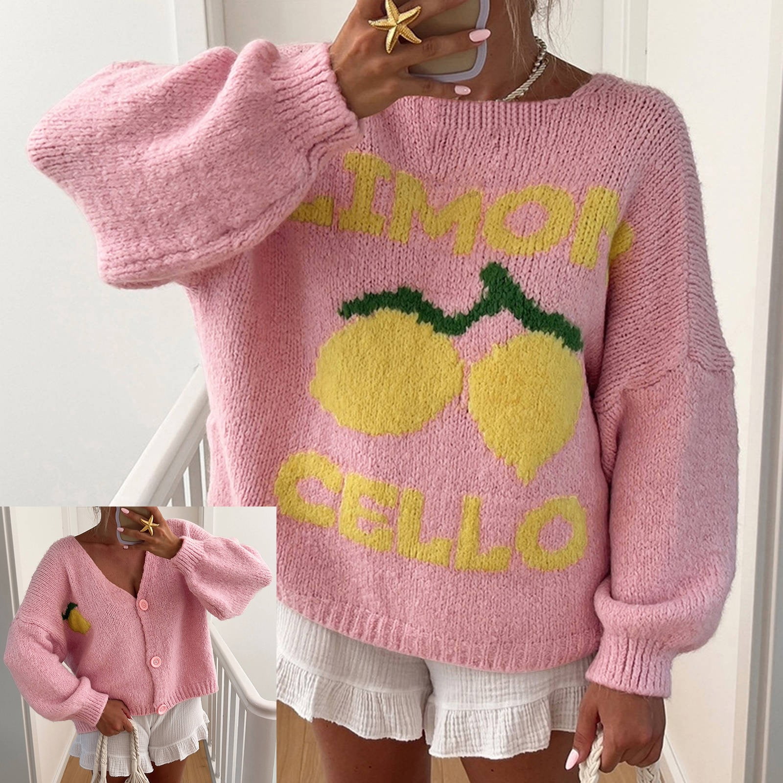 ZHENHONG Crew Cardigans Womens, Women Limon Printed Cardigan Sweater ...