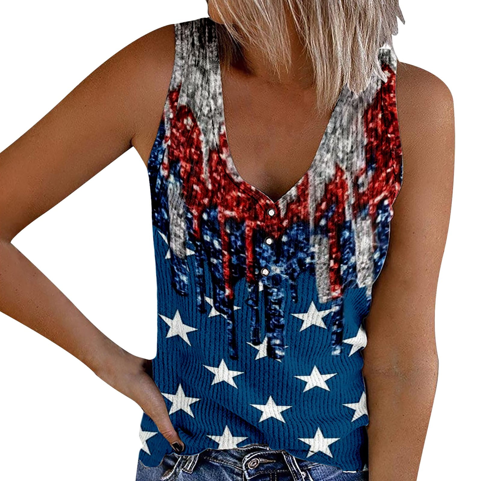 ZHENHONG 4th of July Tank Tops for Women Independence Day American Flag Button V Neck Knit ...