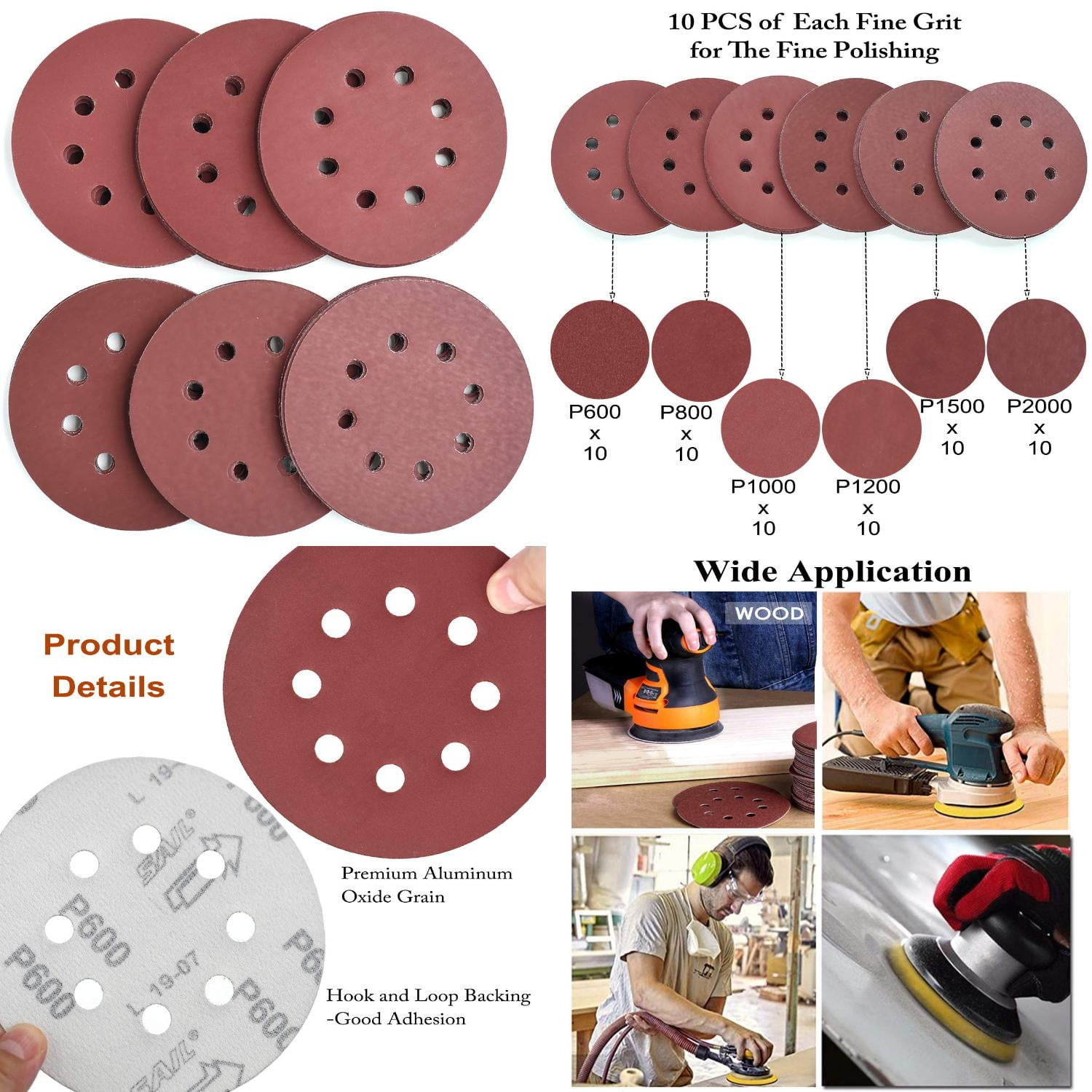ZHENJUNW High-Quality Fine Grit 8-Hole Hook and Loop Sanding Discs - 60 ...