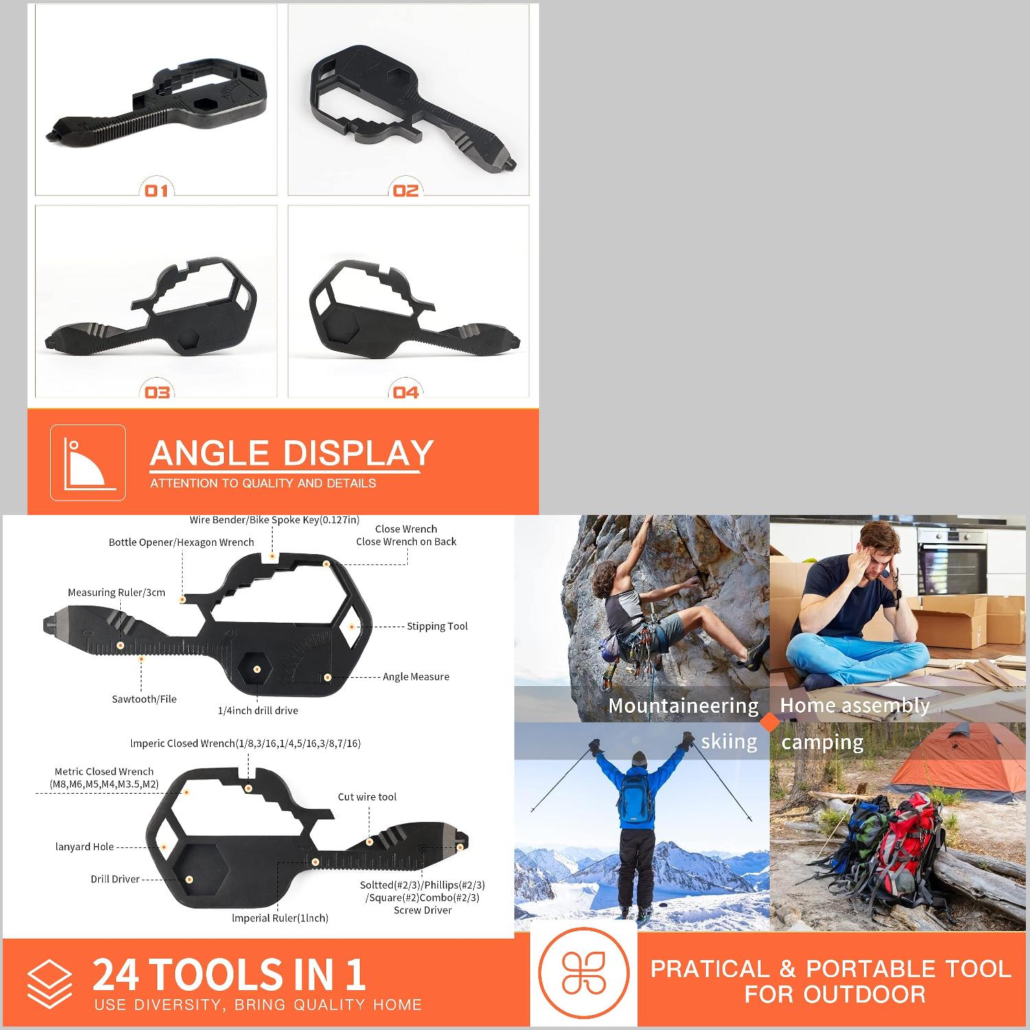 ZHENJUNW Versatile Key Shaped Outdoor Pocket Tool with 24 Functions - Includes Drill Drive ...