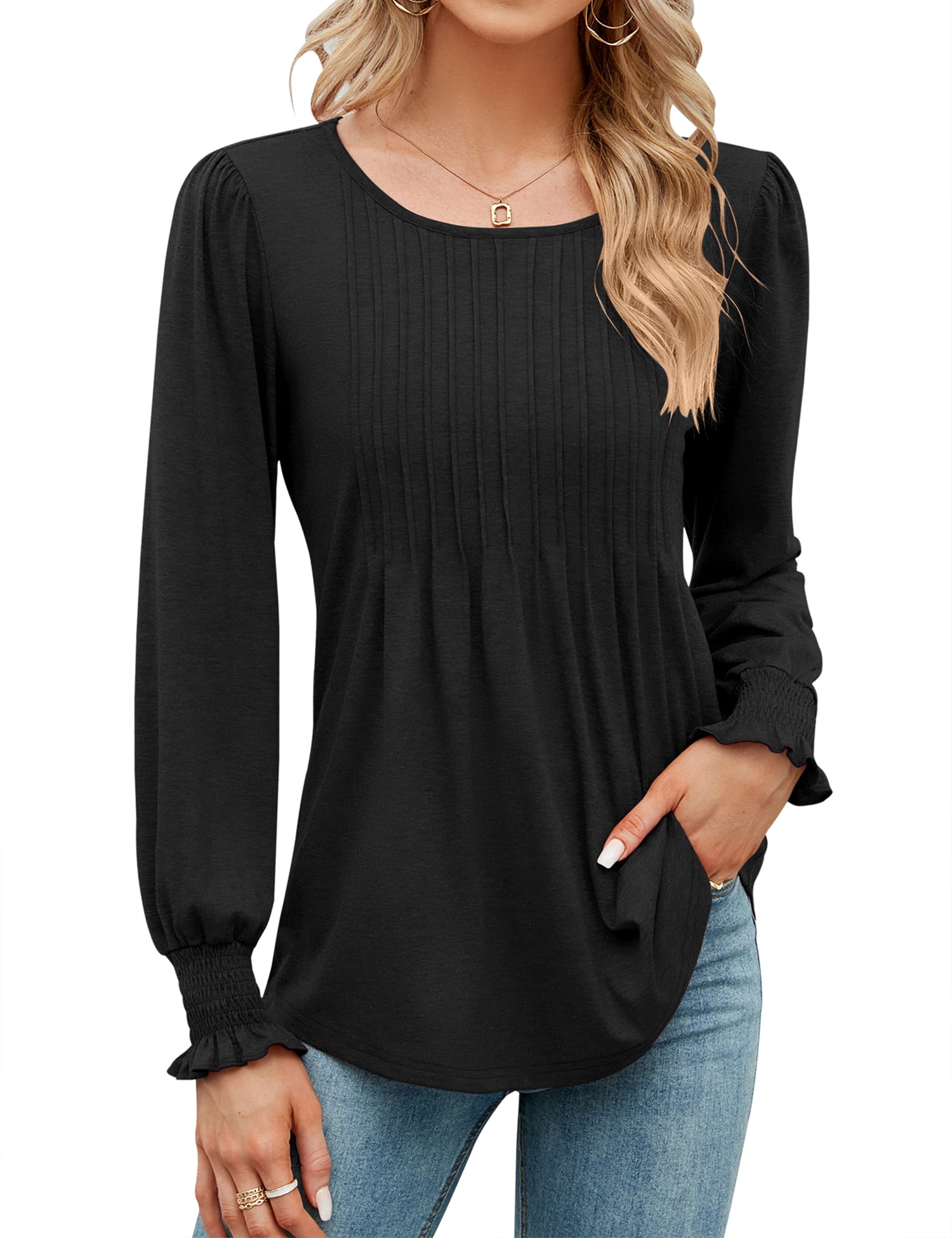 ZHENWEI Women's Fall Puff Long Sleeve Tunic Tops Pleated Crew Neck T ...