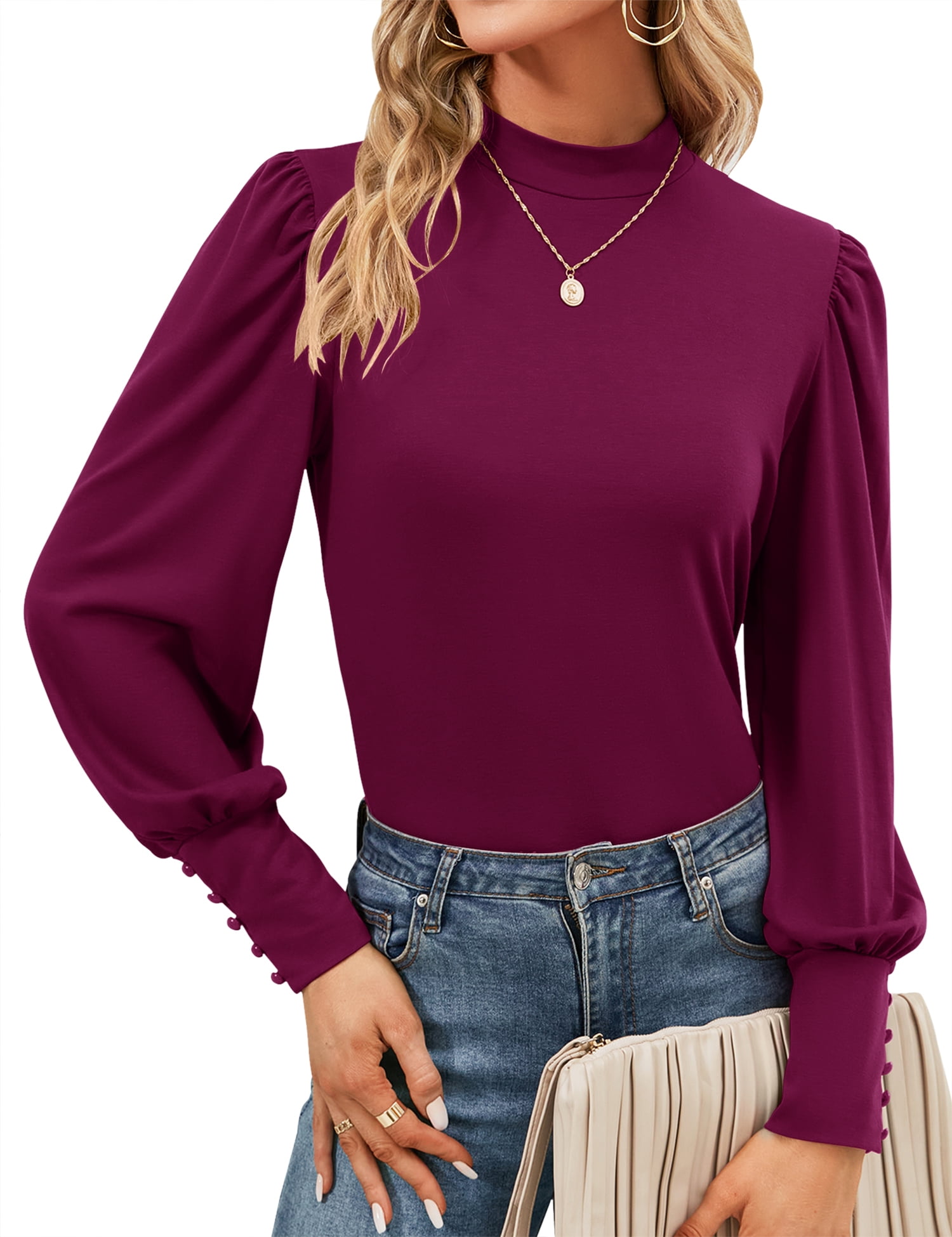 ZHENWEI Womens Mock Neck Puff Long Sleeve Tops Casual Loose Solid Basic ...