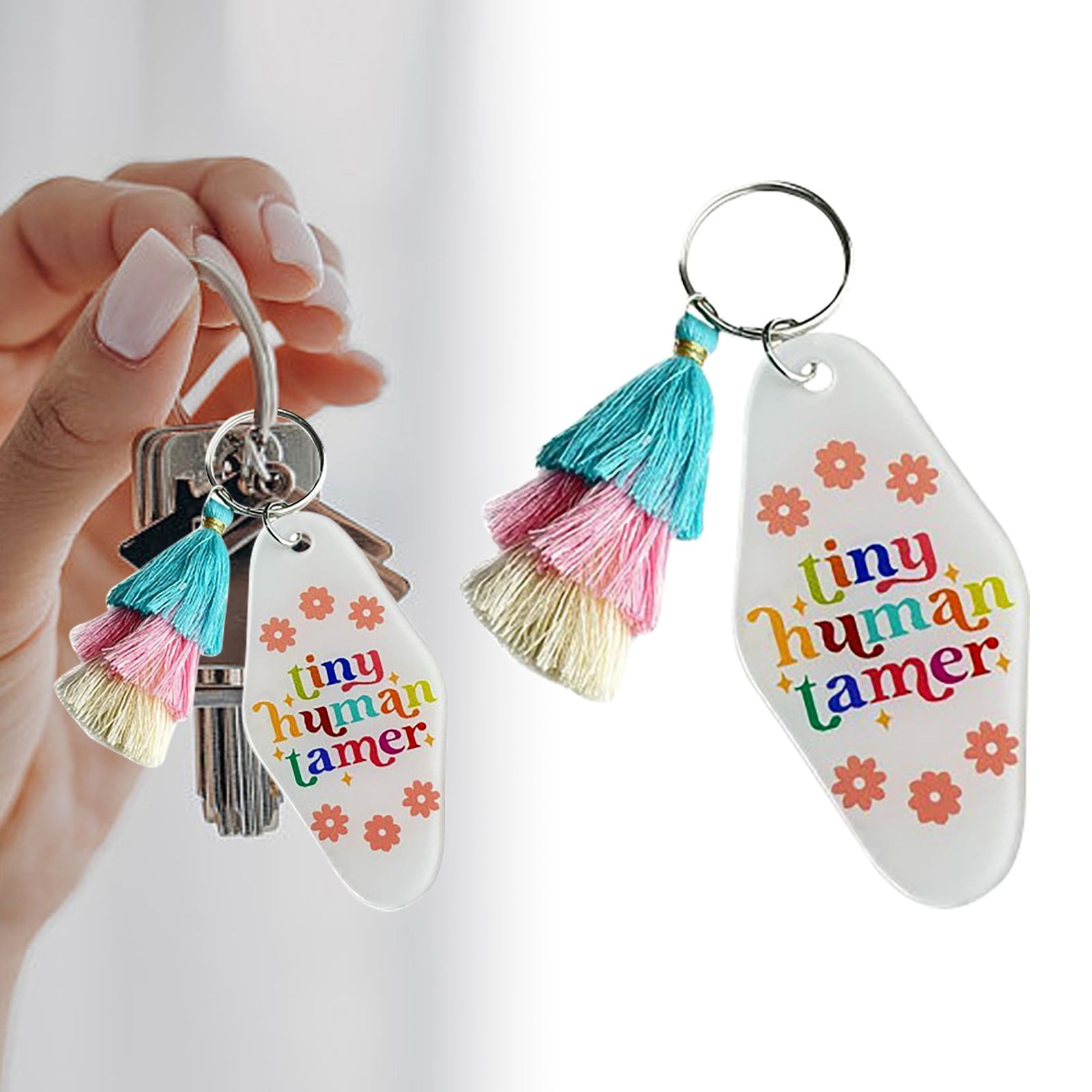 ZHENYANGli [Teacher Keychain] Floral Motif Layered Tassel Acrylic Key ...