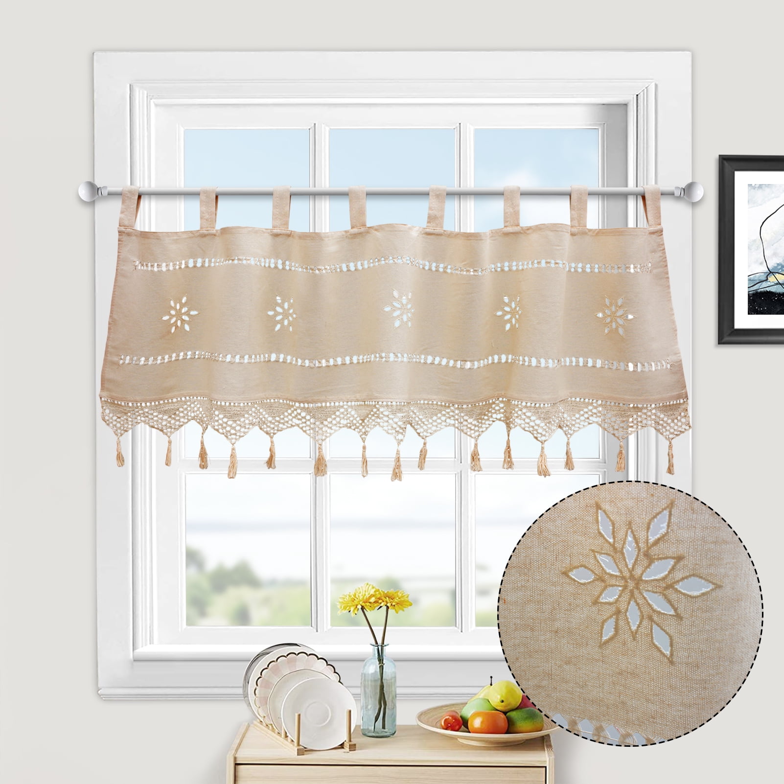ZHH Boho Short Crochet Valance, Cotton Linen, Tassels Tab Top, 15"x60 ...