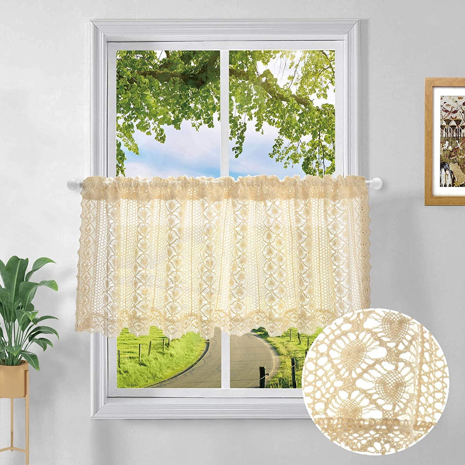 ZHH Cotton Crochet Kitchen Curtain Sheer Macrame Valance Flower Hollow ...