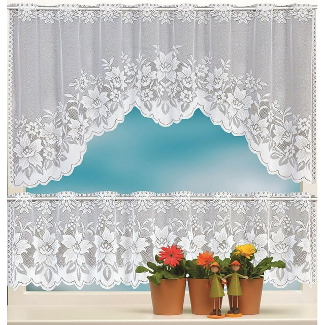 ZHH Embroidery Lace Sheer Voile Valance Kitchens Curtains Floral Swag ...