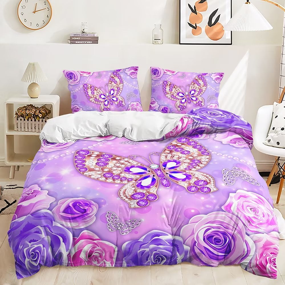 ZHH Gemstone Butterfly Roses Duvet Cover Full Size Butterfly Bedding ...