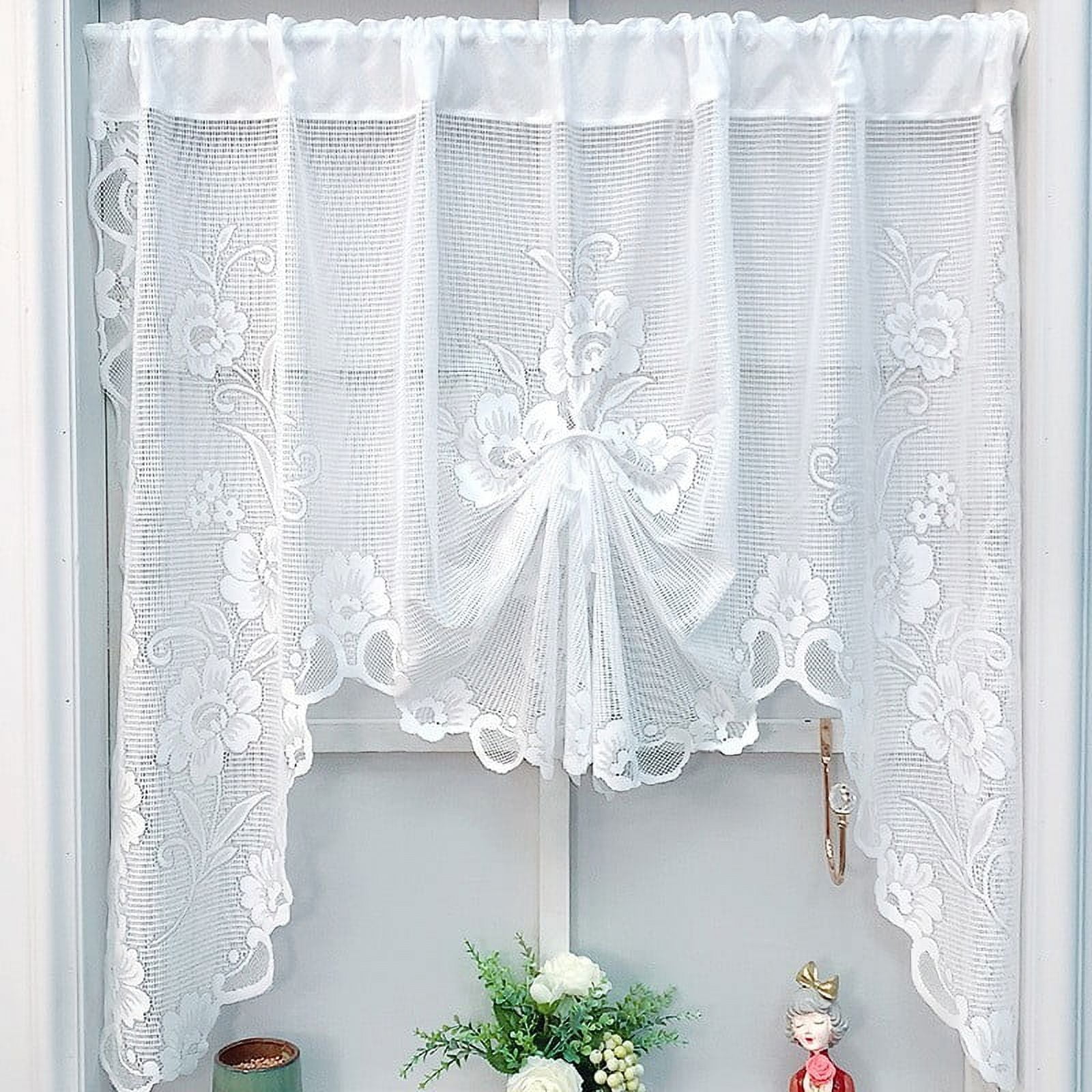 ZHH Lace Embroidery Sheer Curtains, Floral Mesh Jacquard Drapes, 40x59 ...