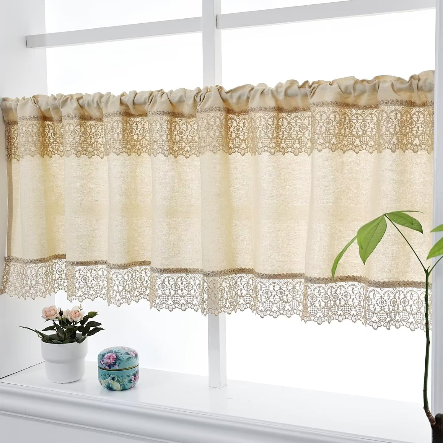 ZHH Lace Valance Farmhouse Style Kitchen Curtain Lace Hem Valance for ...