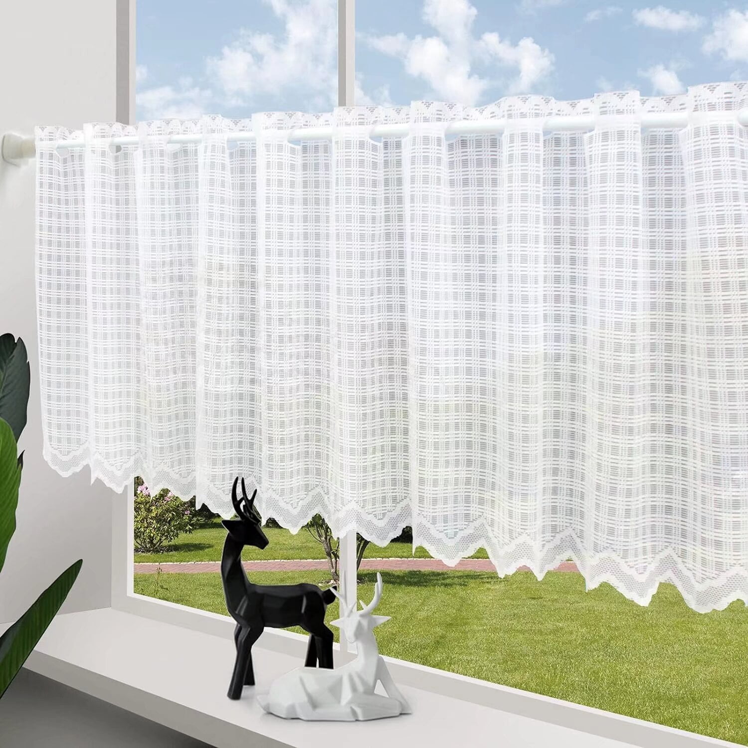 ZHH Lace Window Valance Sheer White Curtains Square Lattice Cute Cafe ...