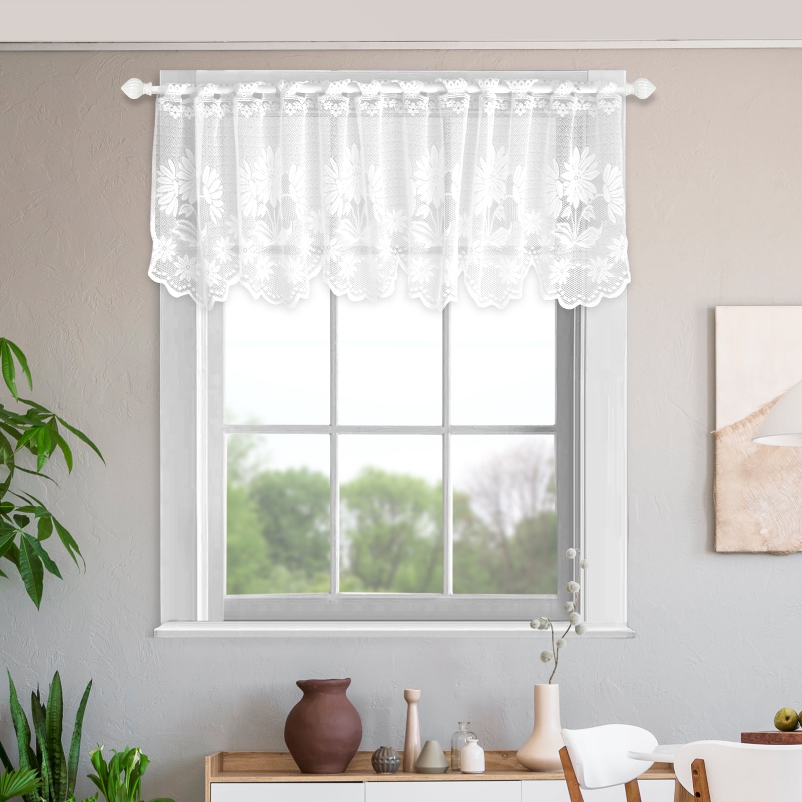 ZHH Lace Half Curtains Floral Curtains Rod Pocket Voile Valances for ...