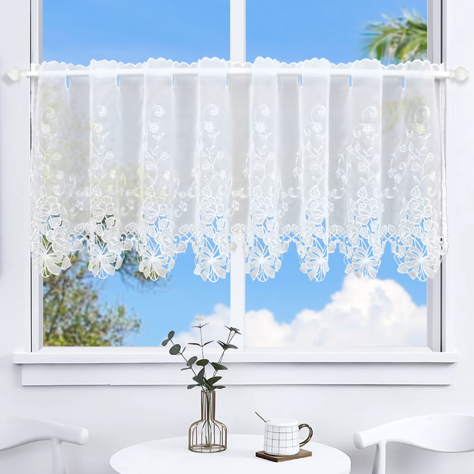 ZHH White Lace Sheer Living Room Drapes, Rose Window Valances for ...