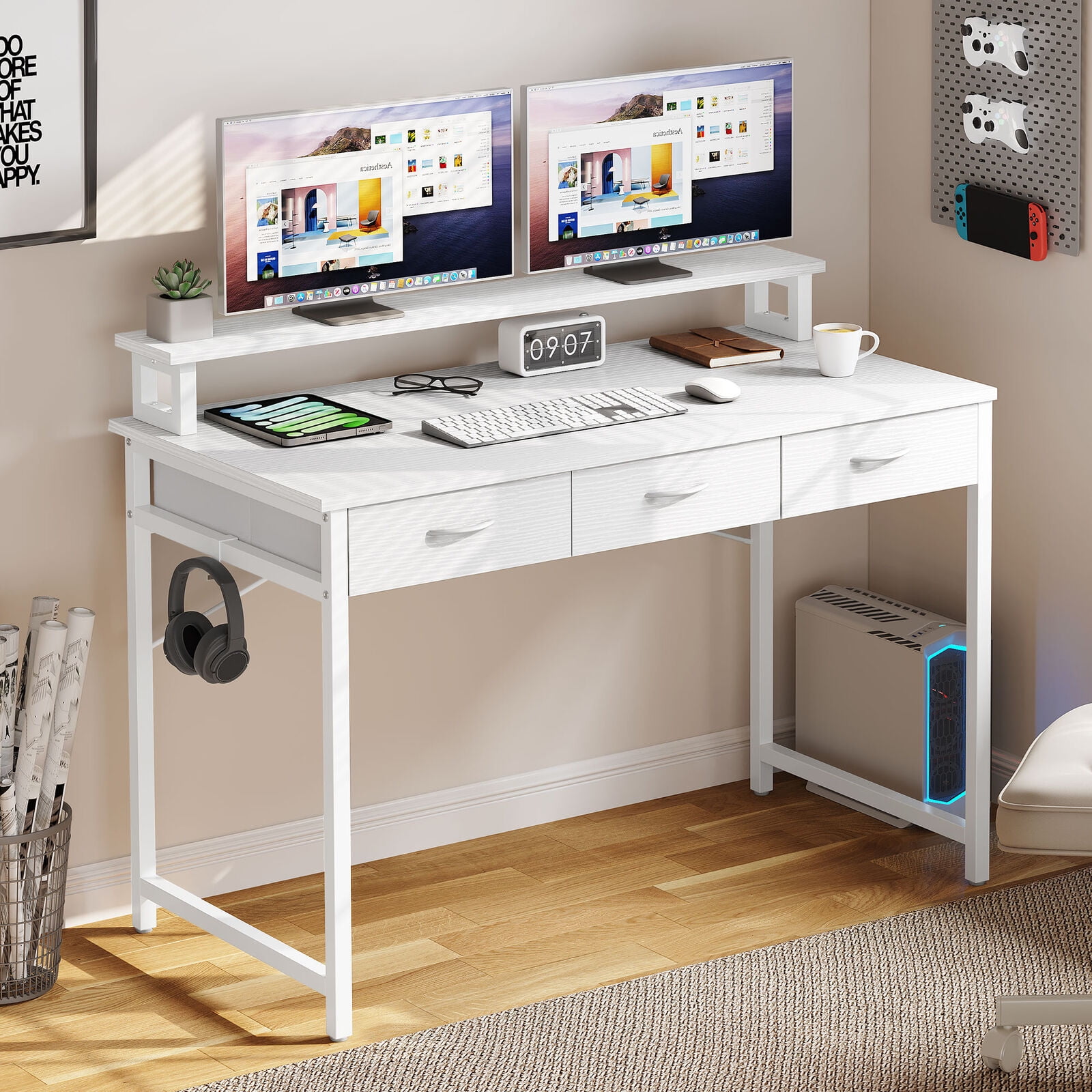ZHI-22 39 inch Computer Desk with Drawers &Monitor Stand Home Office ...