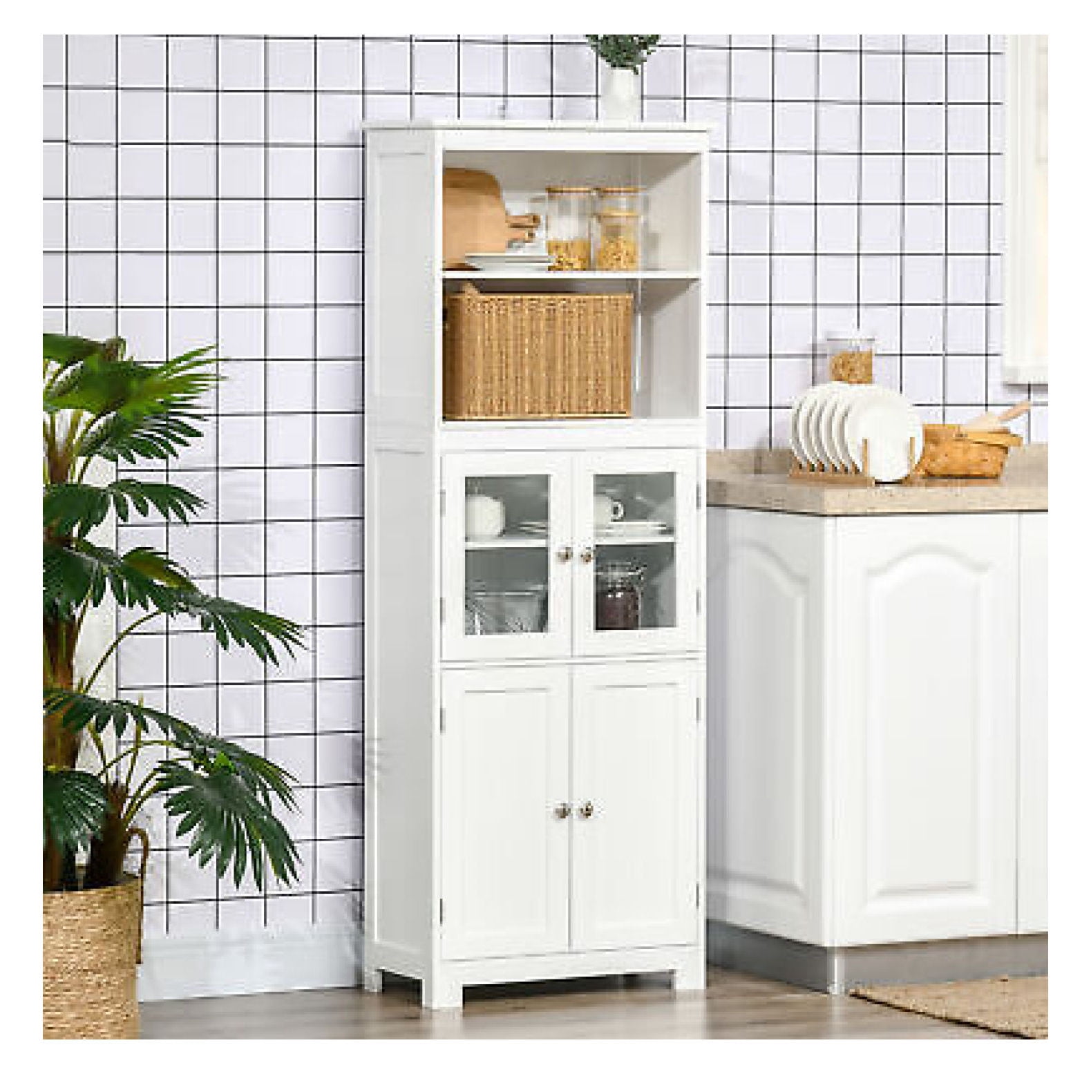 ZHI-22 63" Buffet with Hutch Freestanding Storage Cabinet w/ Glass Door, Shelves, White ...