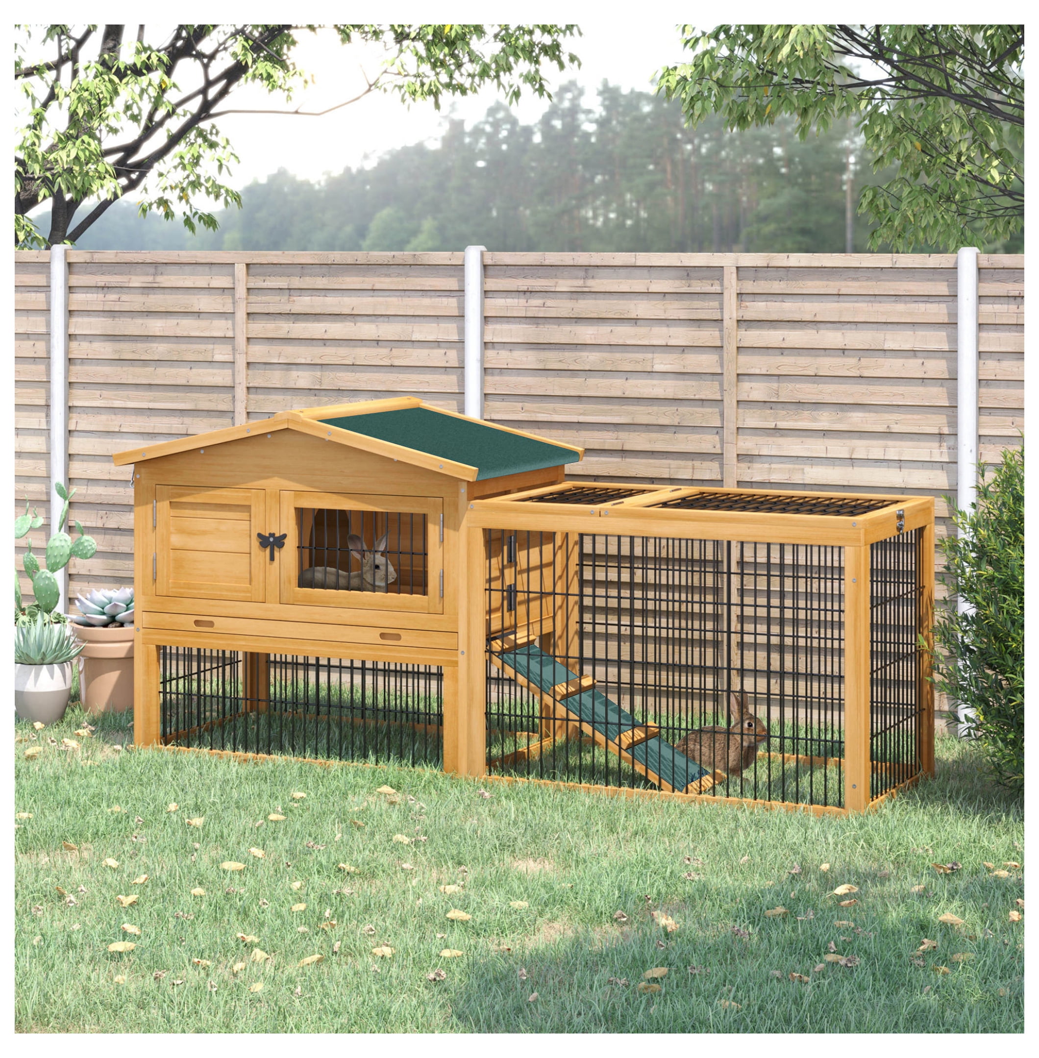 ZHI-22 Outdoor Fir Wood Rabbit Hutch Bunny Cage Run w/ 2 Levels, Patio ...