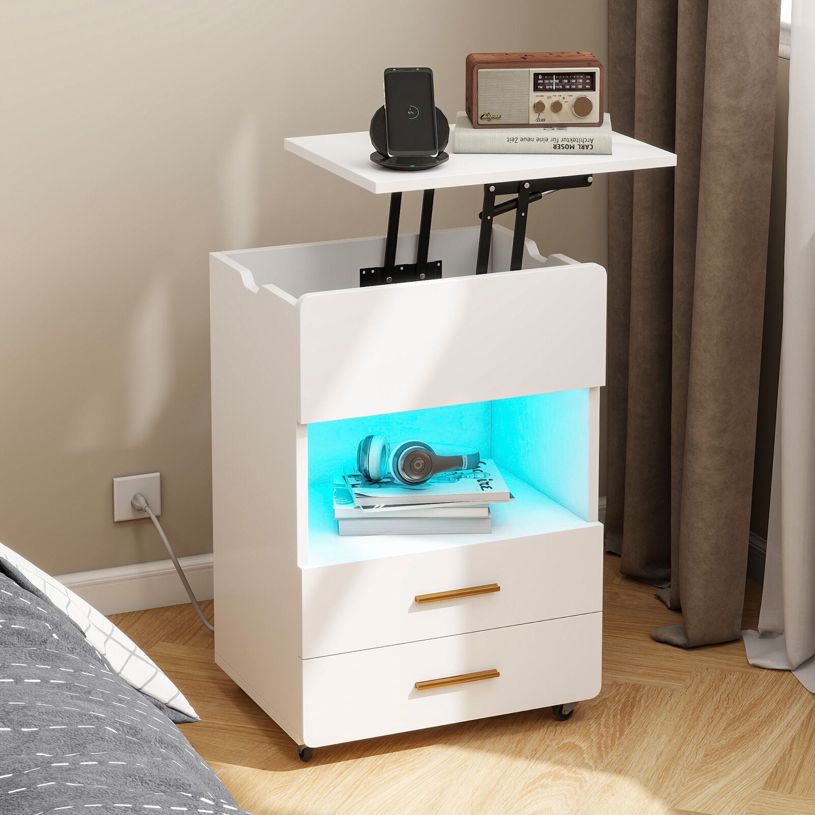 ZHI-22 Wood LED Nightstand with Power Outlets Movable Lift Top w 2 ...