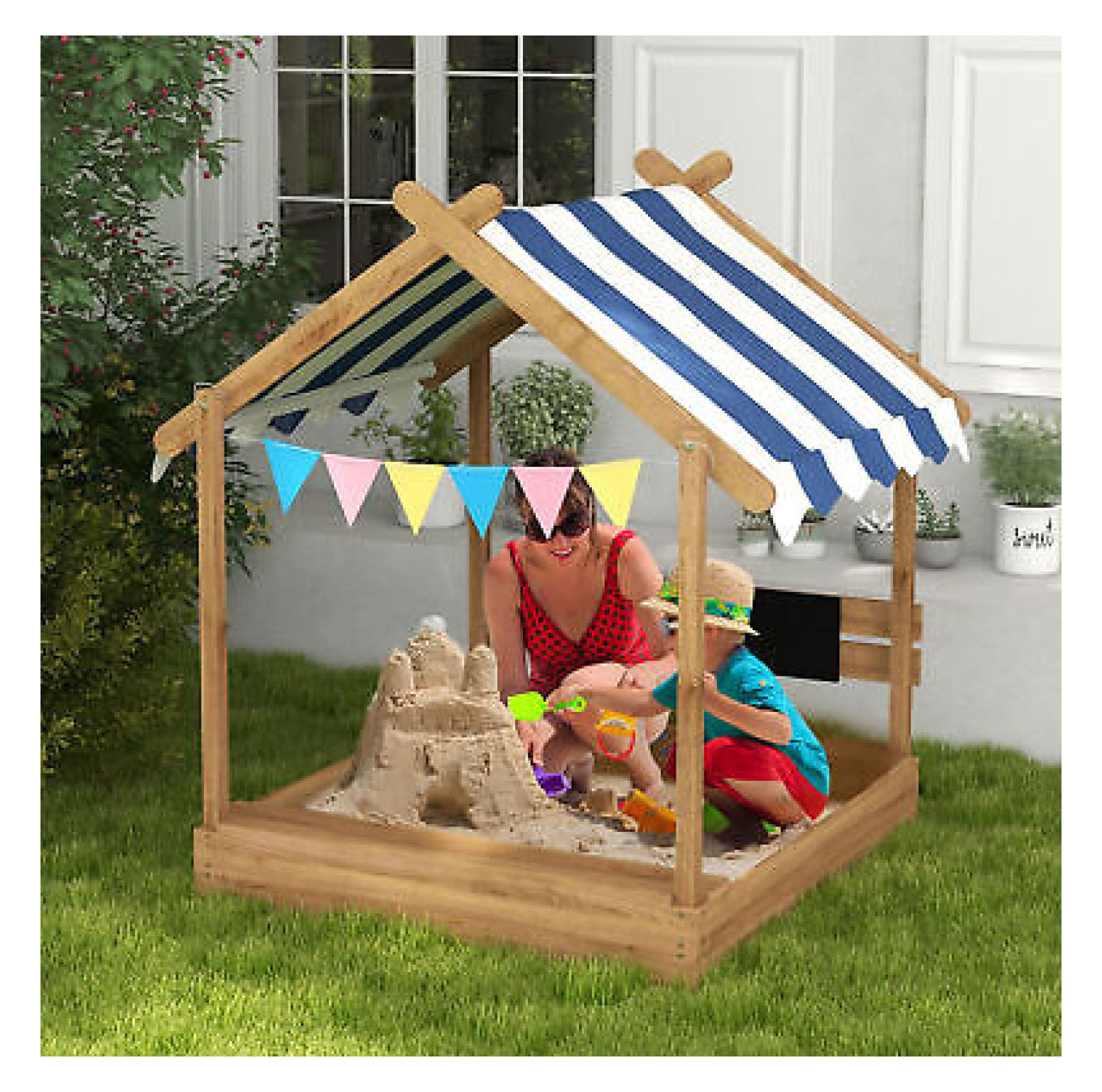 ZHI-22 Wooden Sandbox with Canopy House Design for 3-7 Years Old, Brown ...