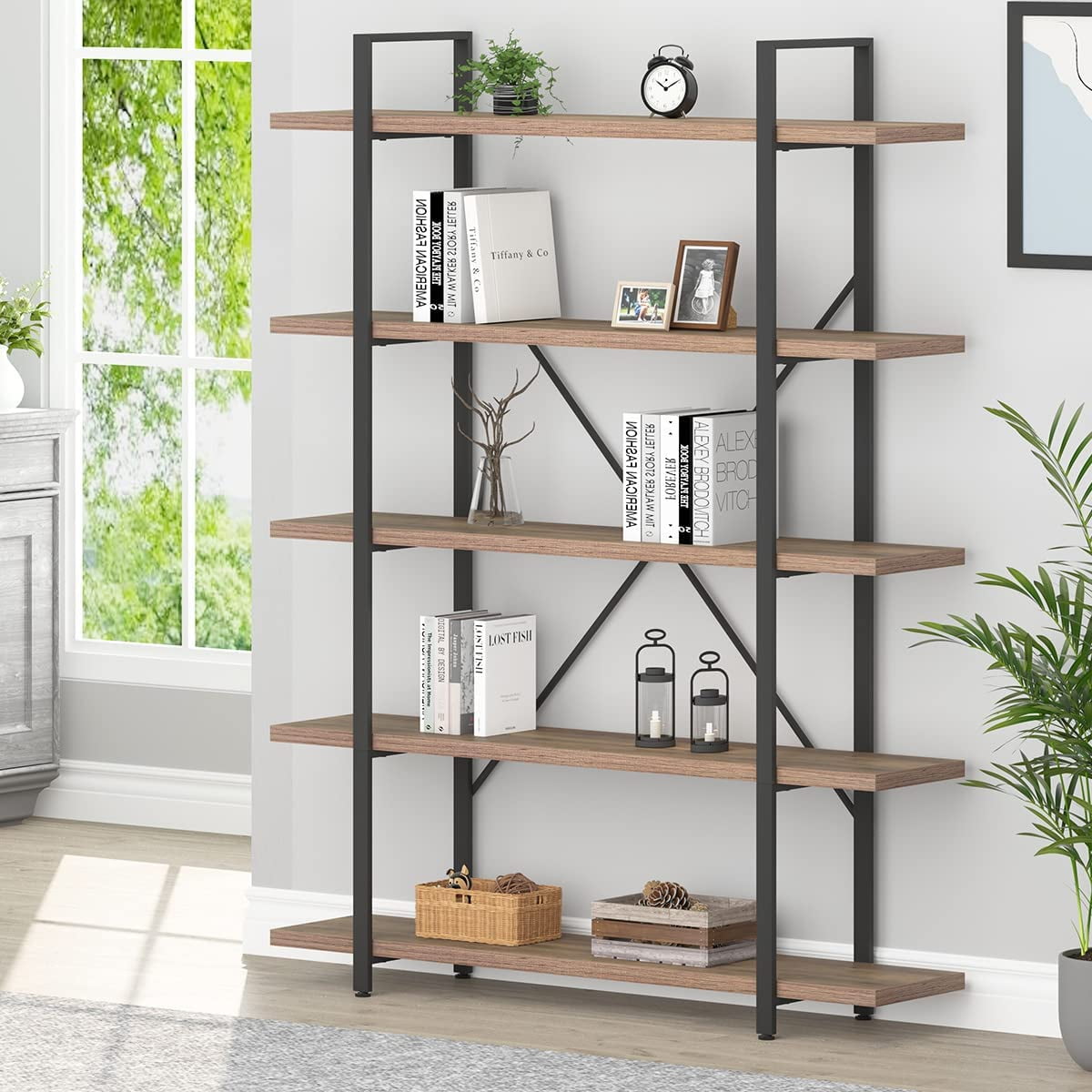 ZHIBING Industrial Wood and Metal 5 Tier Bookshelf, Large Tall Open ...