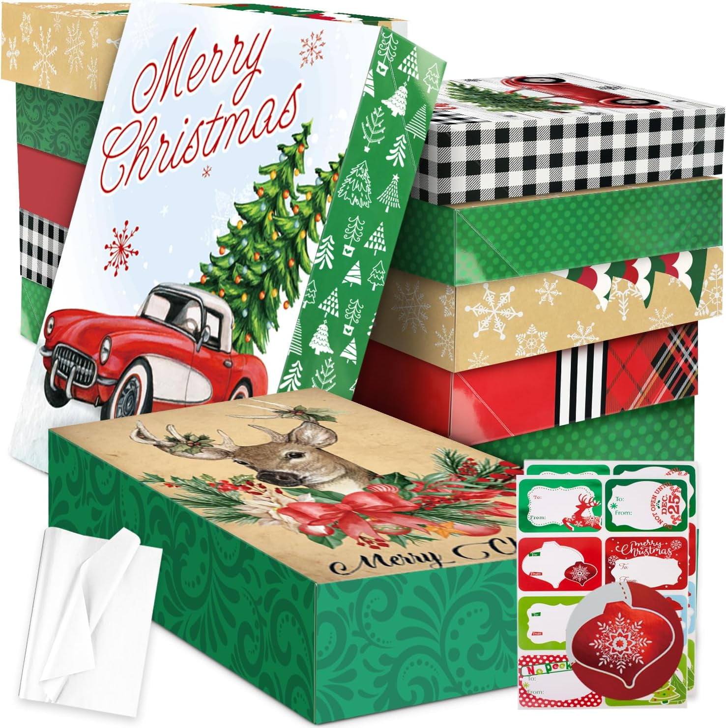 ZHIBO 12-Pack Extra Large Christmas Gift Boxes with Lids, Includes ...