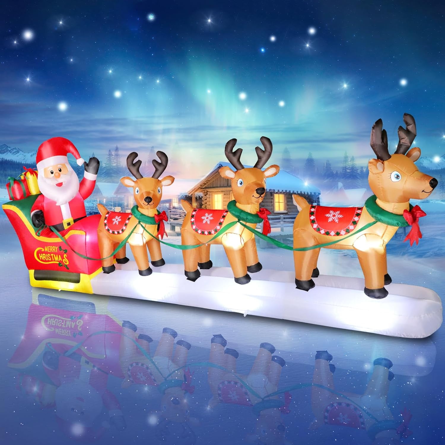 ZHIBO 12FT Inflatable Santa with Reindeers Pulling Sleigh, LED Lights ...