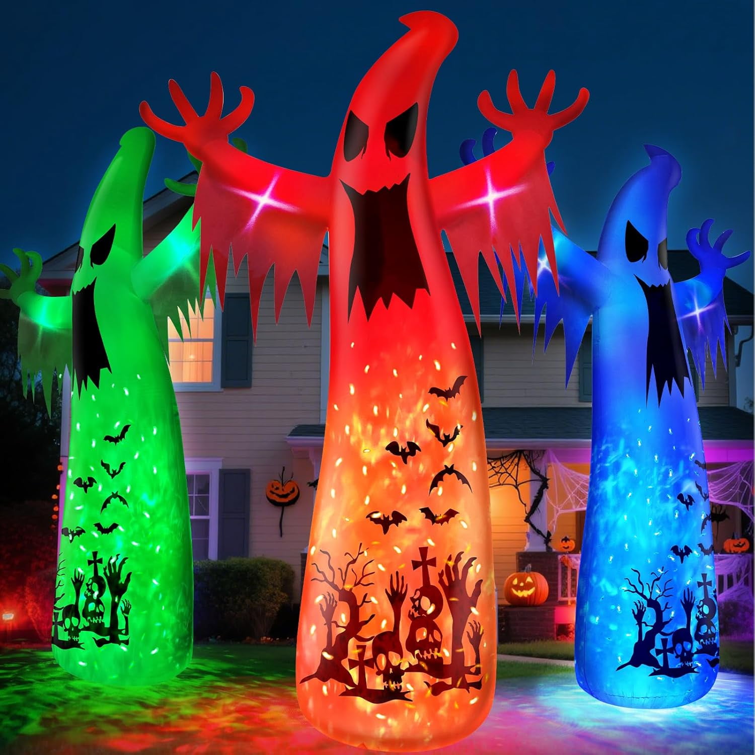 ZHIBO 14FT Giant Halloween Inflatable Ghost - 3 Color Rotating Flame LED - Scary Blow-Up Yard ...