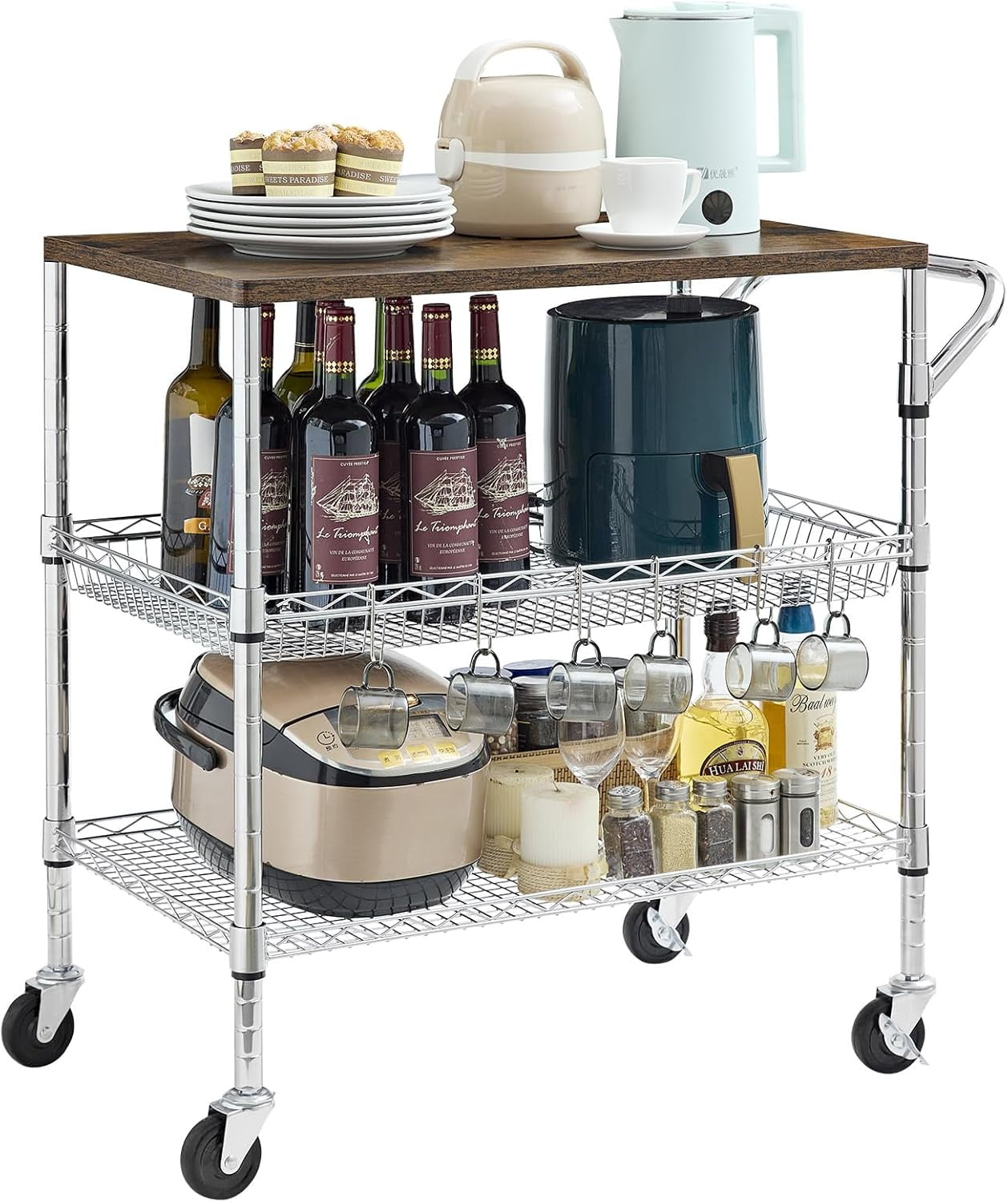 ZHIBO 650LBS Heavy Duty Metal Cart, 3-Tier, Wooden Top, with Handle ...