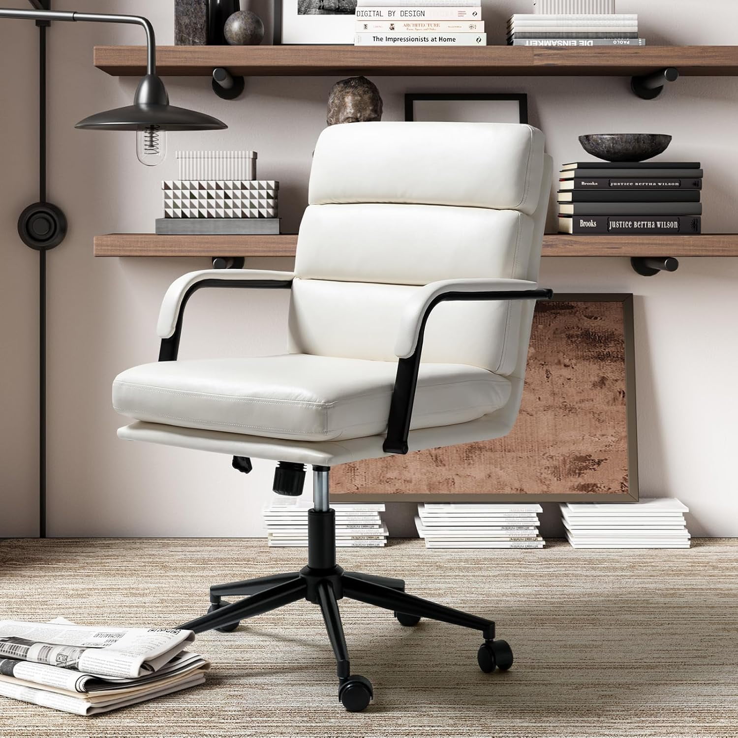 ZHIBO Modern Faux Leather Office Chair, Tilt Lock, Metal Base, White ...