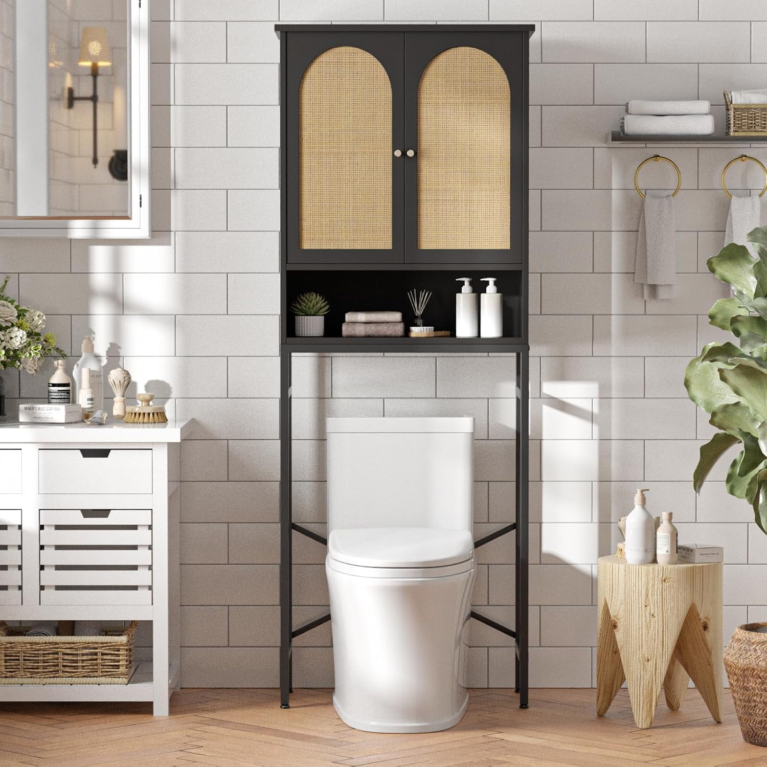 ZHIBO Rattan Over The Toilet Storage Cabinet with Metal Stand ...