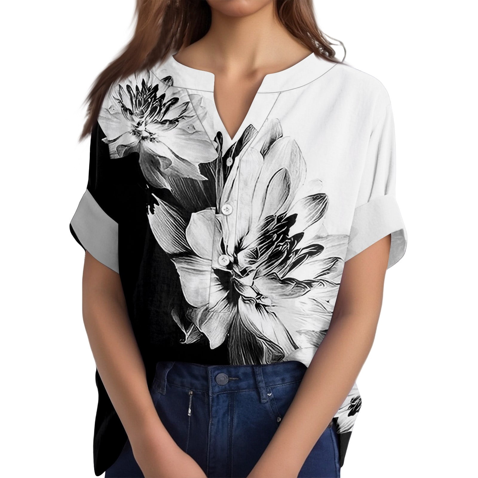 ZHISHIMINGJUN Gray Textured V Neck Blouse Non-Transparent 90% Cotton ...