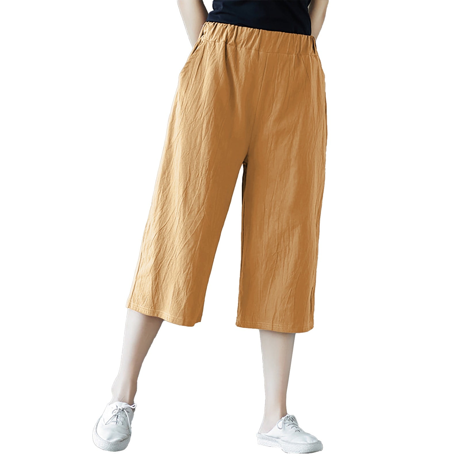 ZHIZAIHU Cropped Capris Pants For Women Solid Color Straight Wide Leg ...
