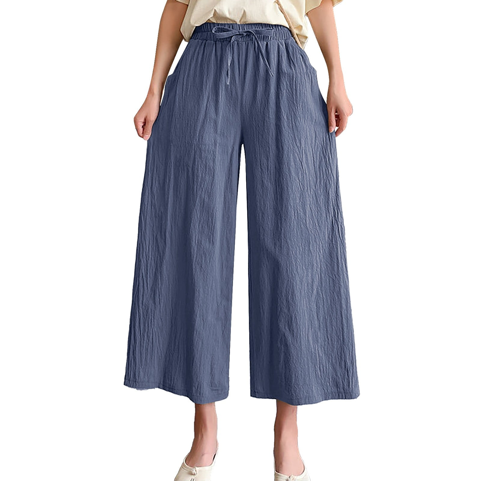 ZHIZAIHU Long Capris Pants For Women Solid Color Straight Wide Leg ...