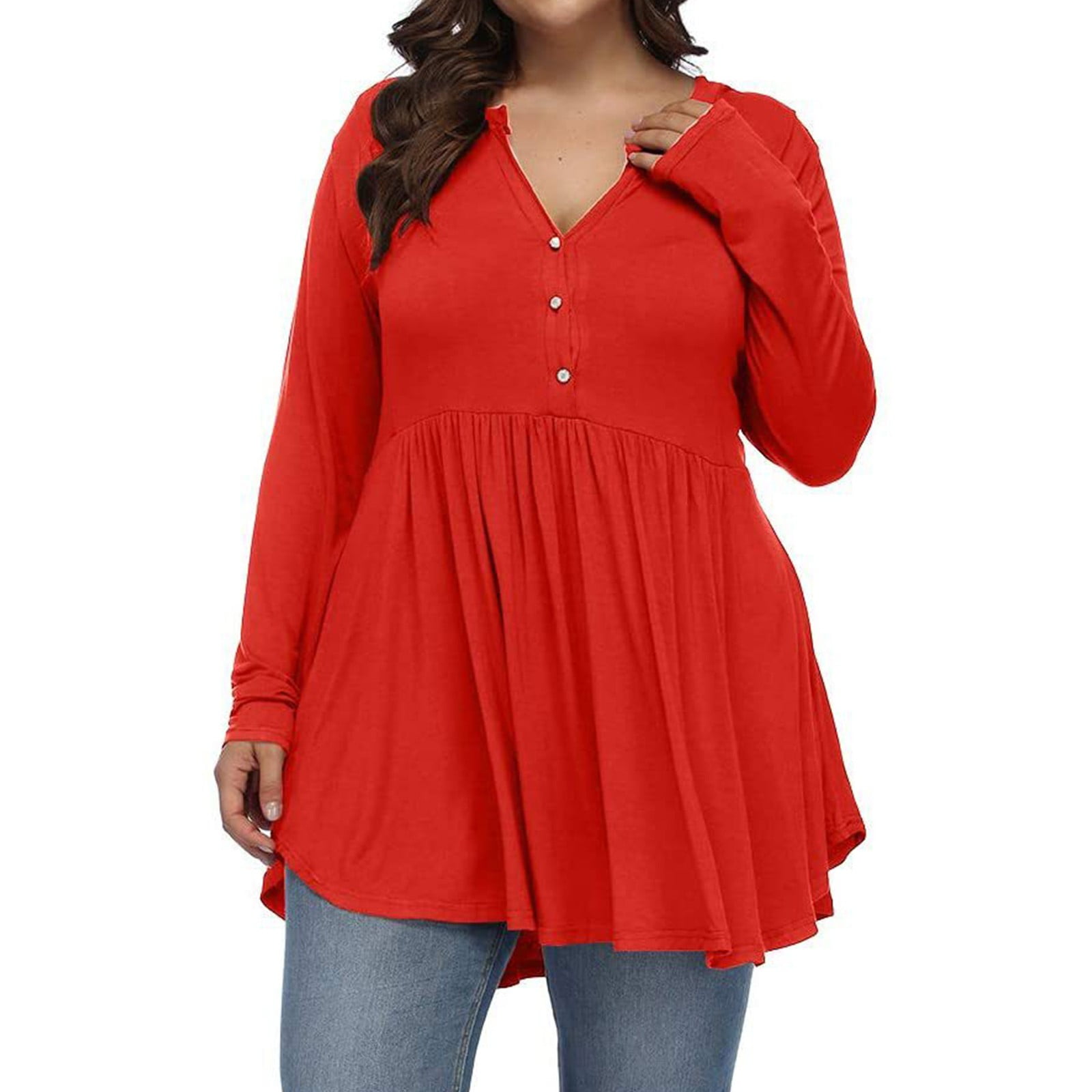 ZHIZAIHU Plus Size Blouse for Women Long Sleeve V Neck Button Pleated ...
