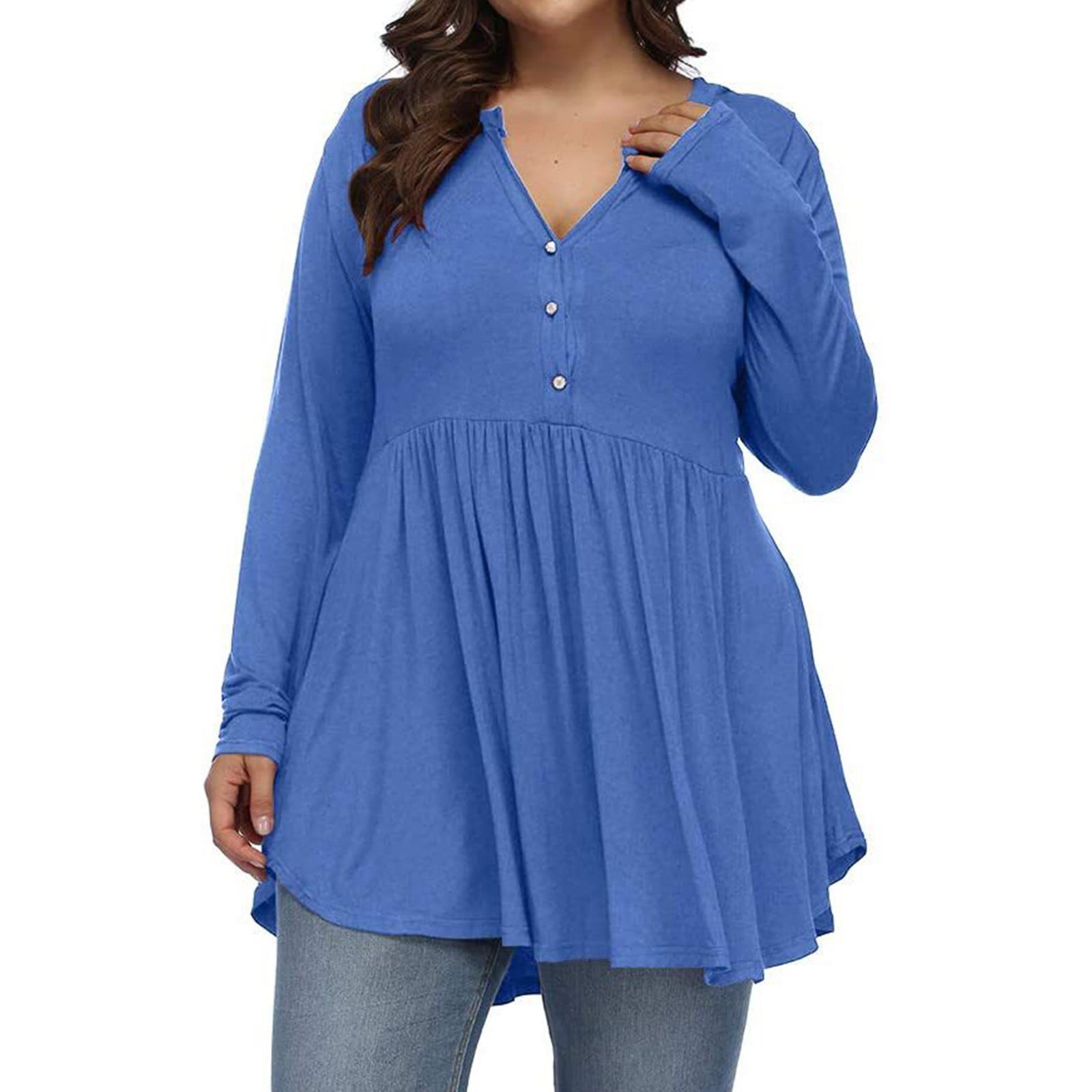 ZHIZAIHU Plus Size Blouse for Women Long Sleeve V Neck Button Pleated ...