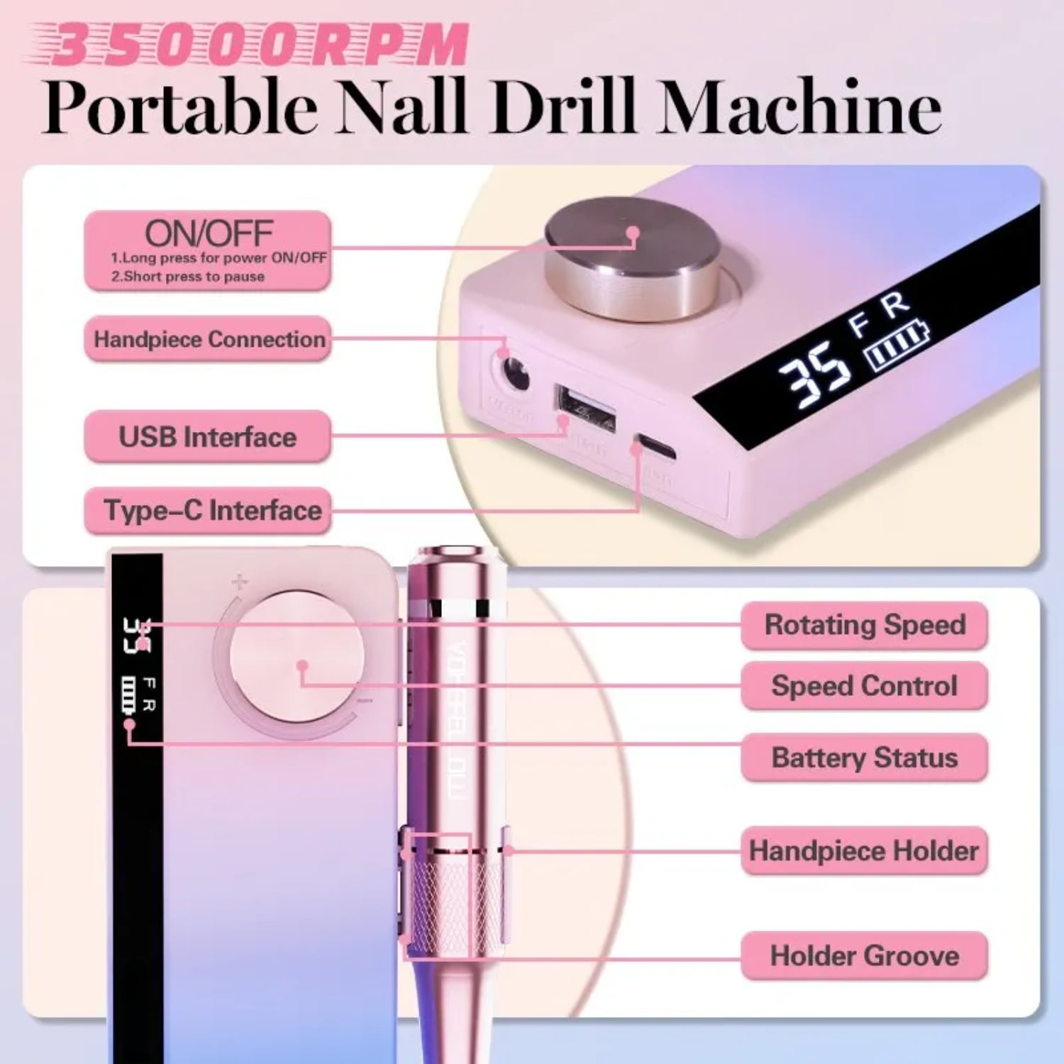 ZHNYGE 35000RPM Professional Nail Drill Manicure Machine With Pause ...