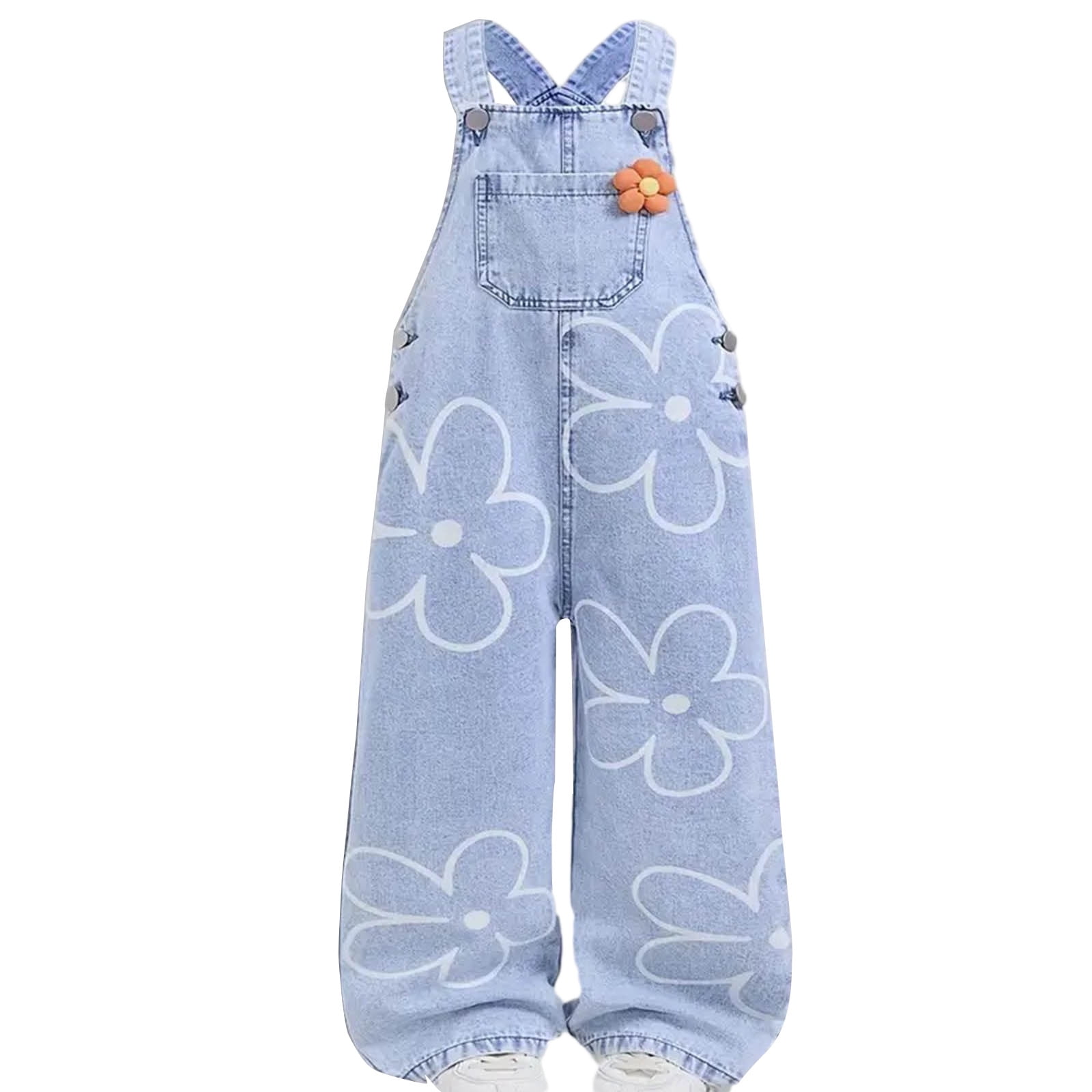 ZHOGXU Babys Girls Denim Cargo Pants Flower Printed Wide Leg Straight ...