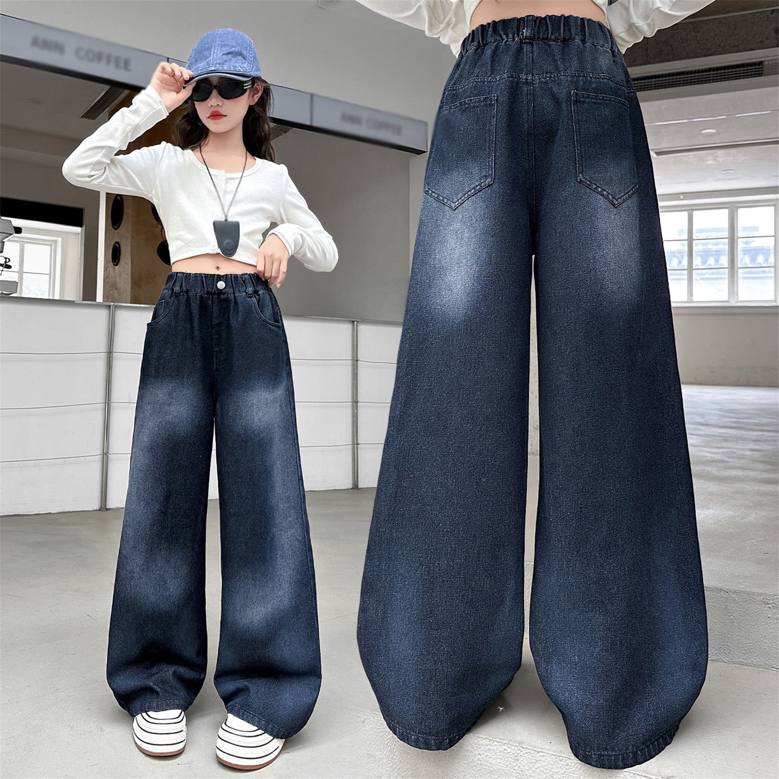 ZHOGXU Big Girls Denim Pants With Pocket High Waist Wide Leg Straight ...