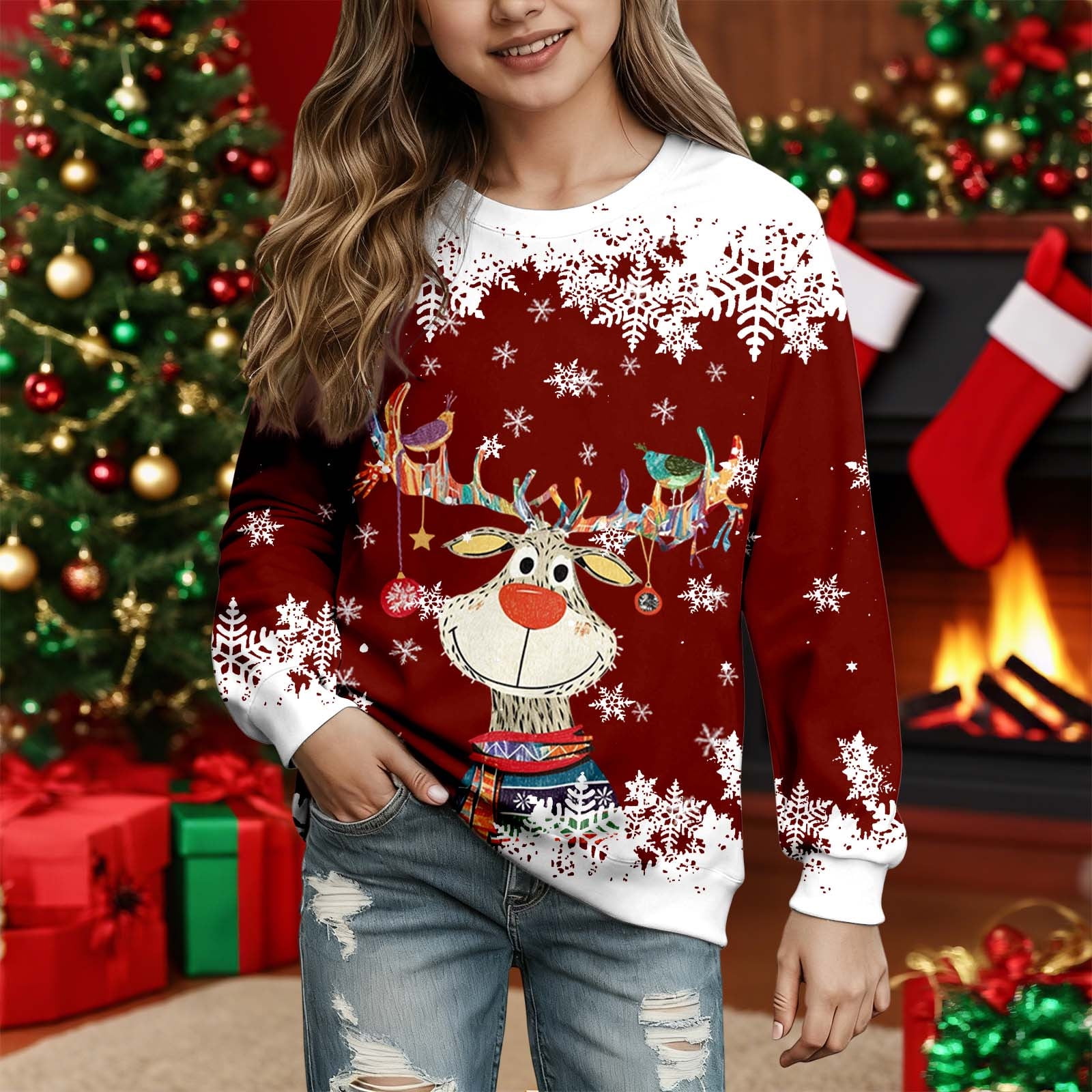 ZHOGXU Big Kids Girls Christmas Pullover Long Sleeve Round Neck ...