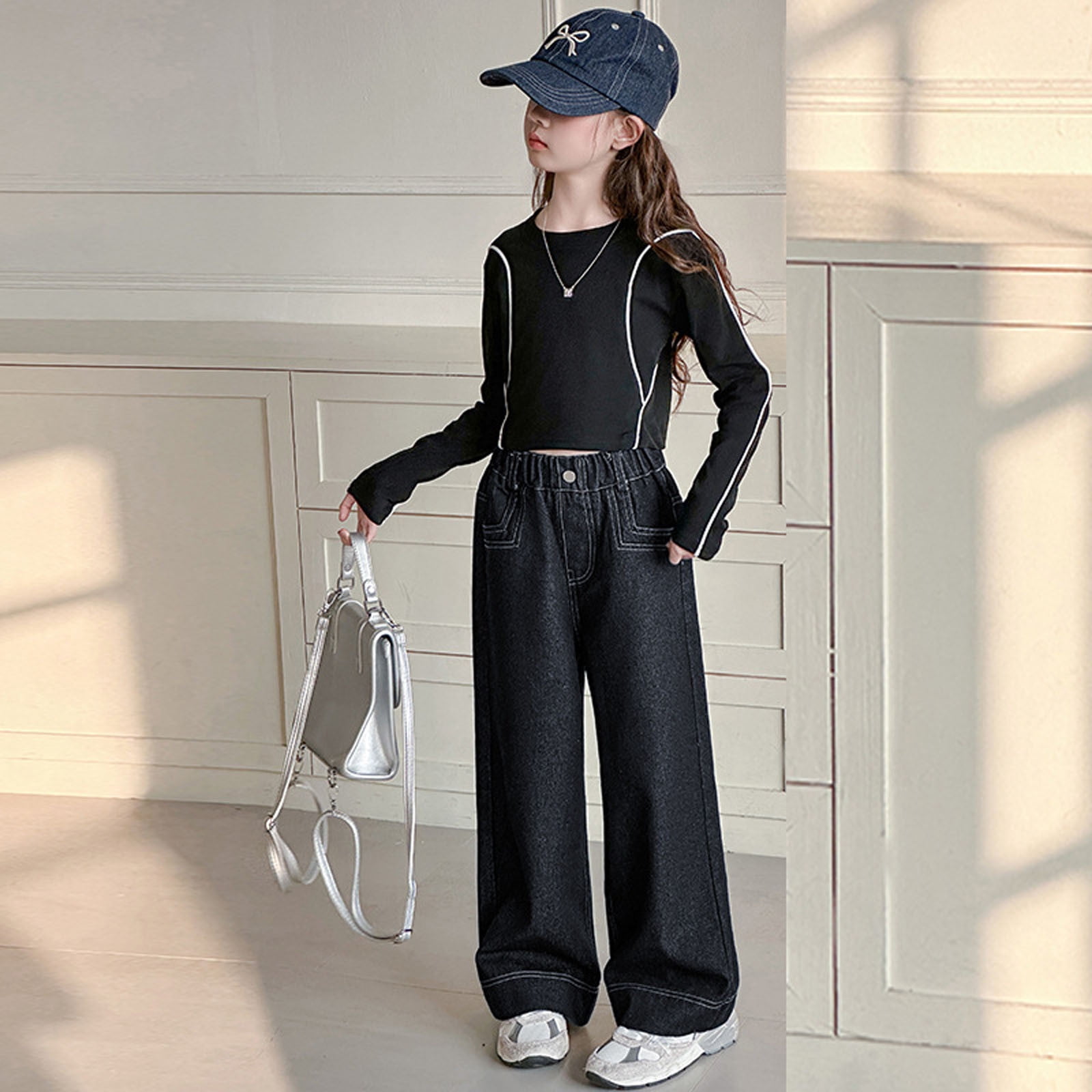 ZHOGXU Big Kids Girls Denim Pants With Pocket Elastic Waist Straight ...